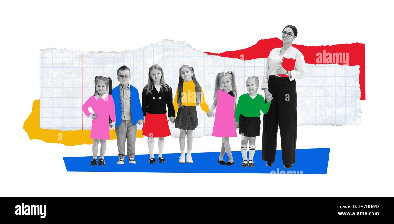 Contemporary art collage. Group of kids and teacher holding hands in ...