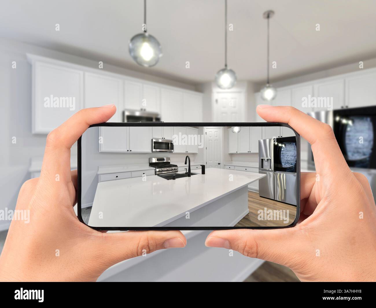 Person using a cell phone to take a picture of a modern residential ...