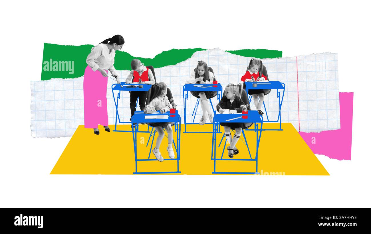 Conceptual collage. Classroom scene with teacher assisting students at ...