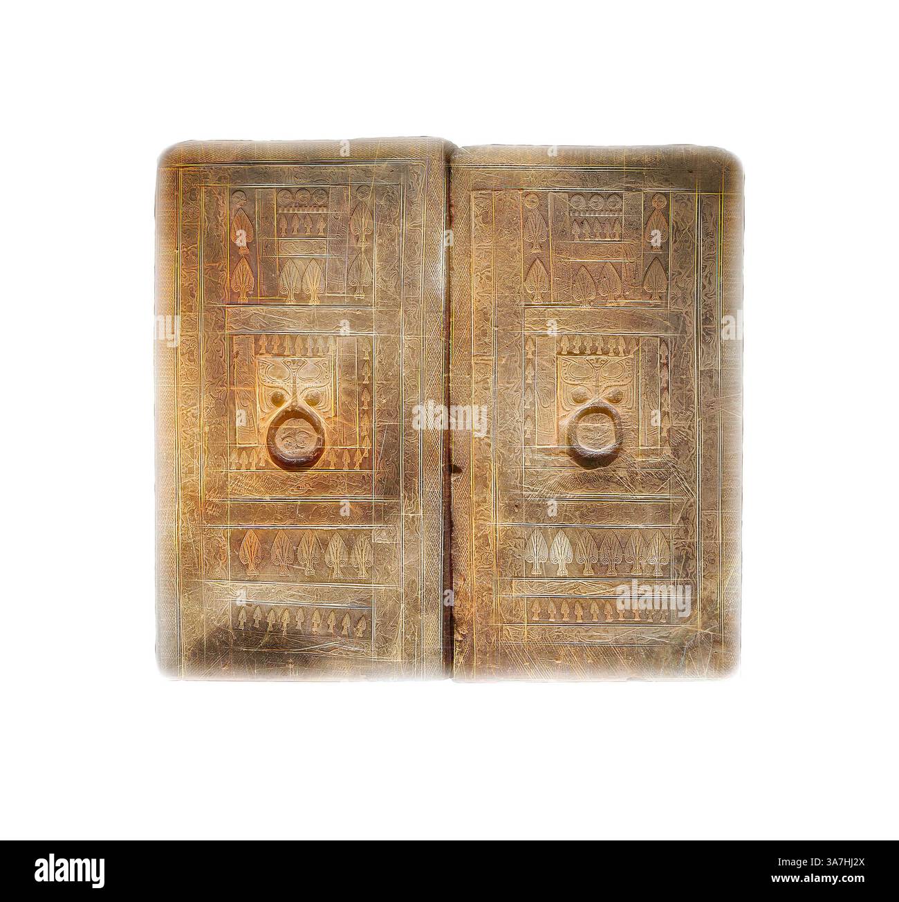 An intricately designed ancient door featuring ornate carvings and two ...
