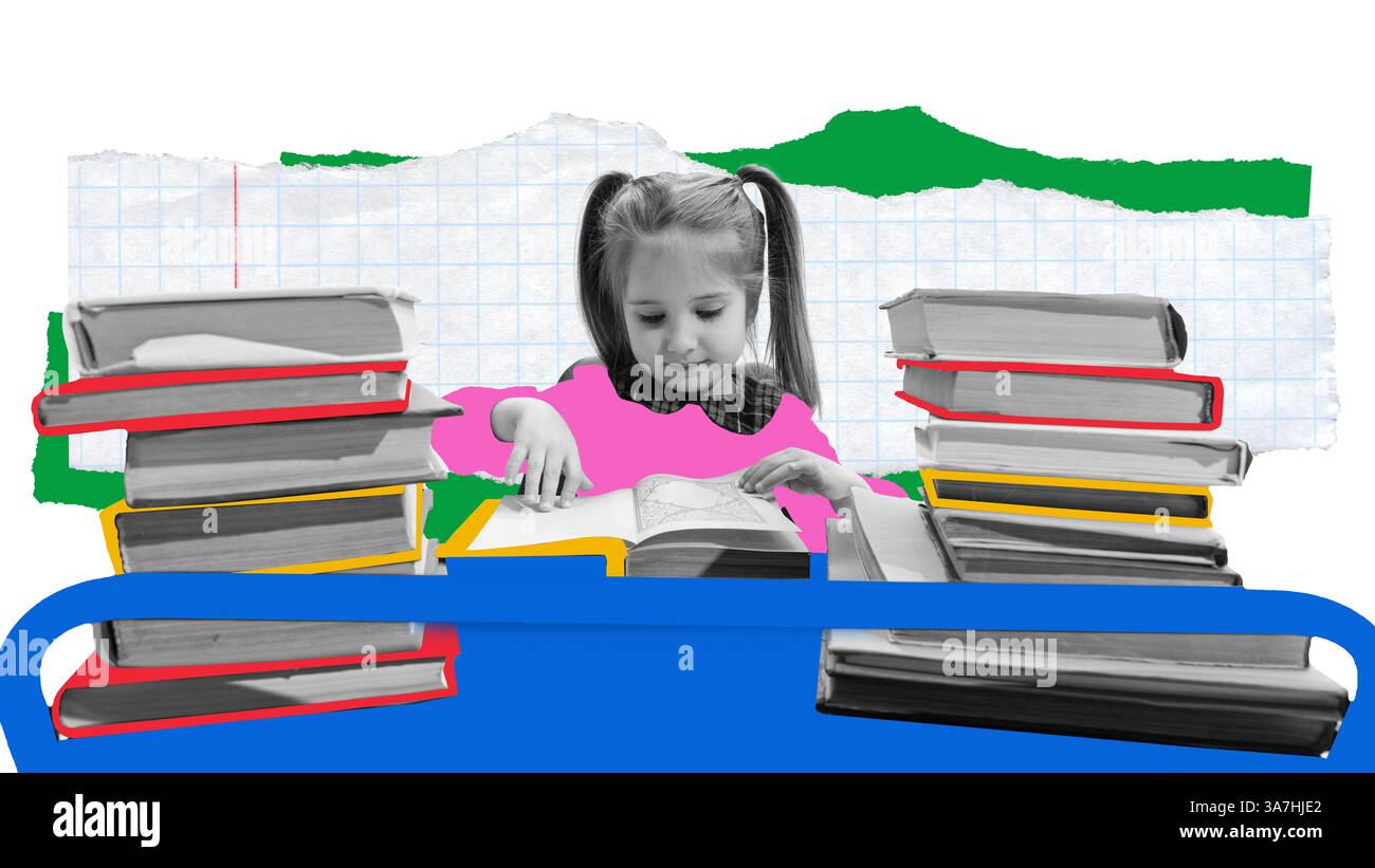Contemporary art design. Girl surrounded by stacks of books, deeply ...