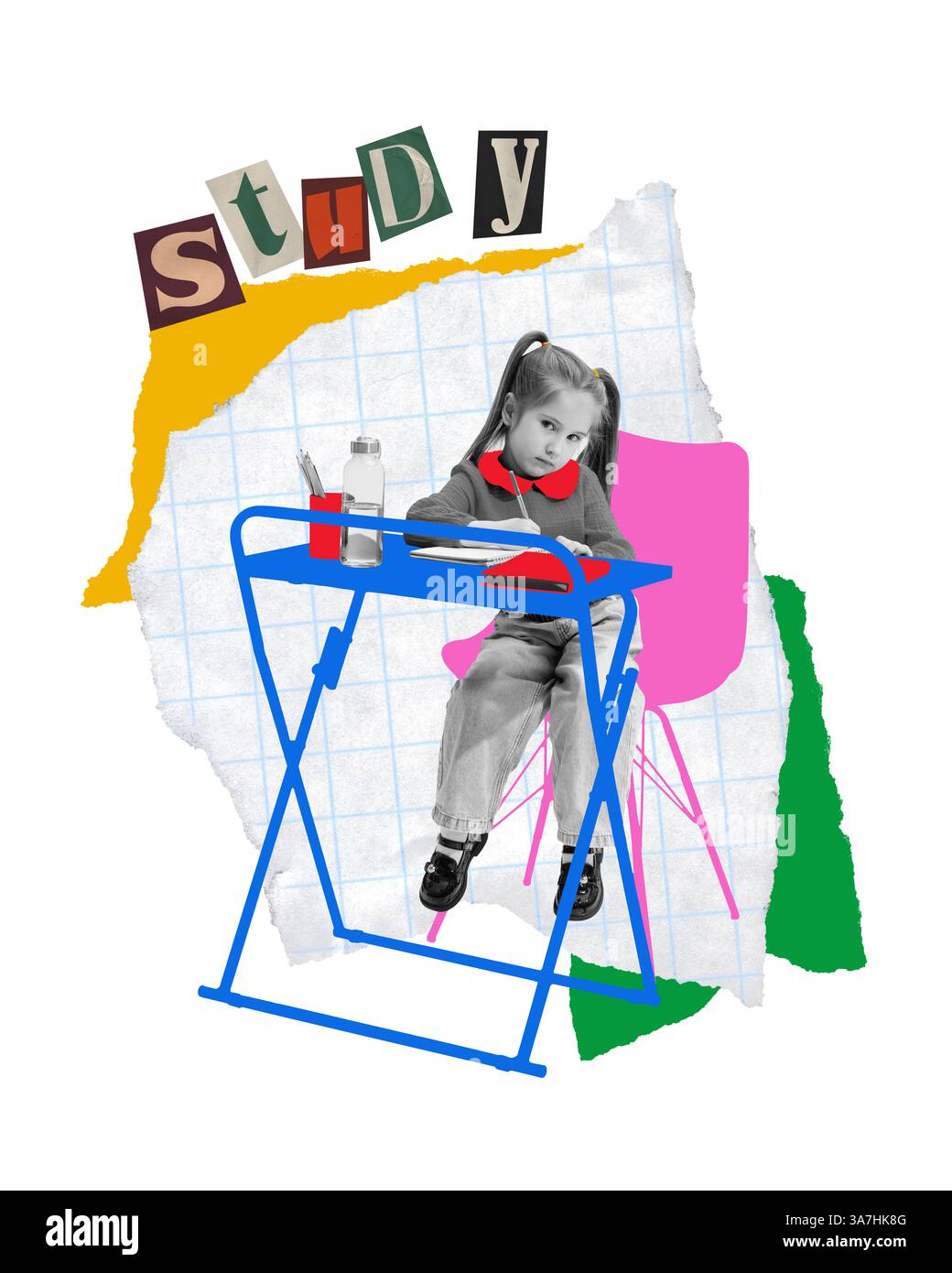 Contemporary art collage. Girl writing at desk with playful STUDY ...