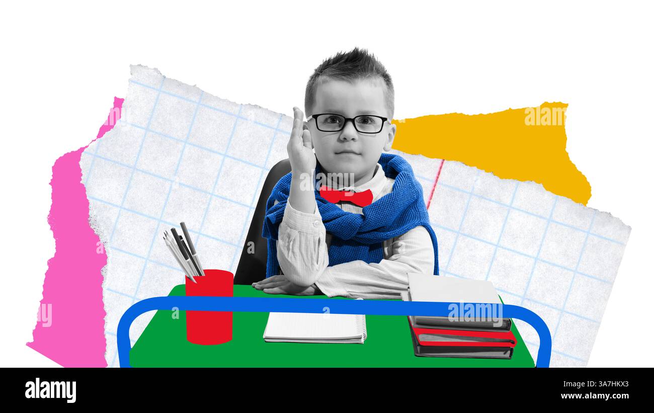 Contemporary art collage. Boy raising hand at desk with books and pens ...