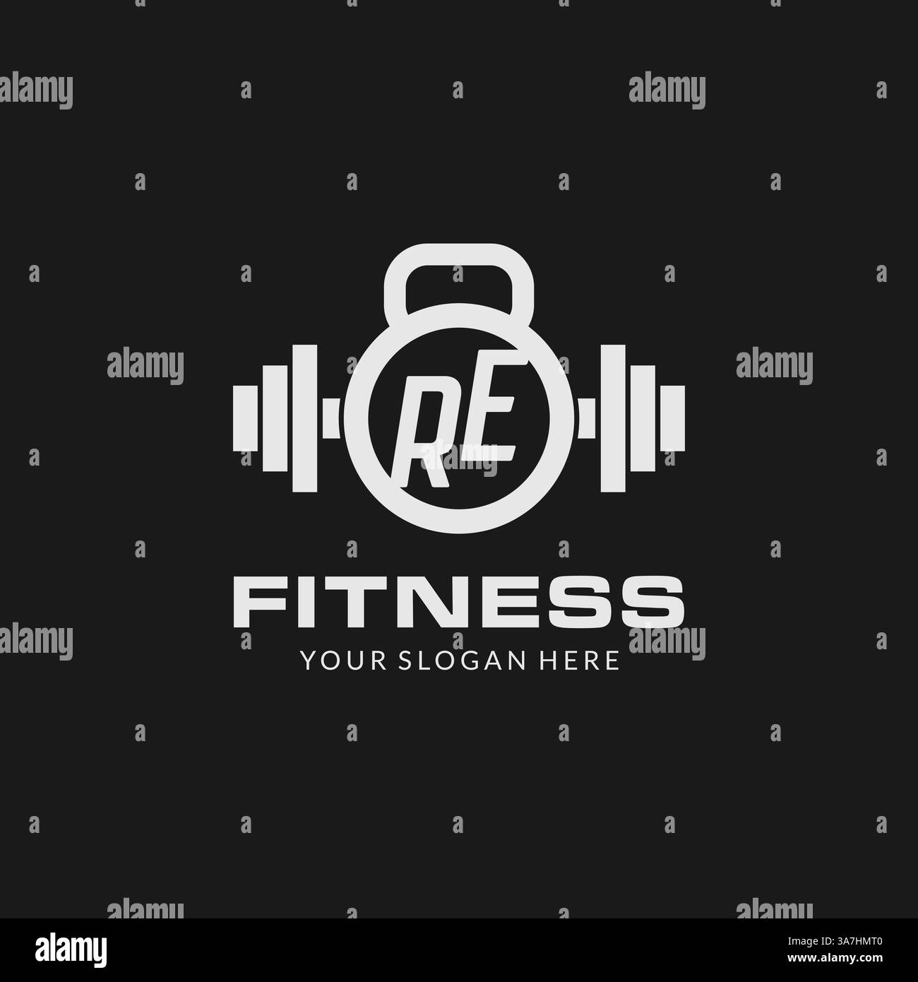 Initial RE fitness logo with creative kettlebell icon design style ...
