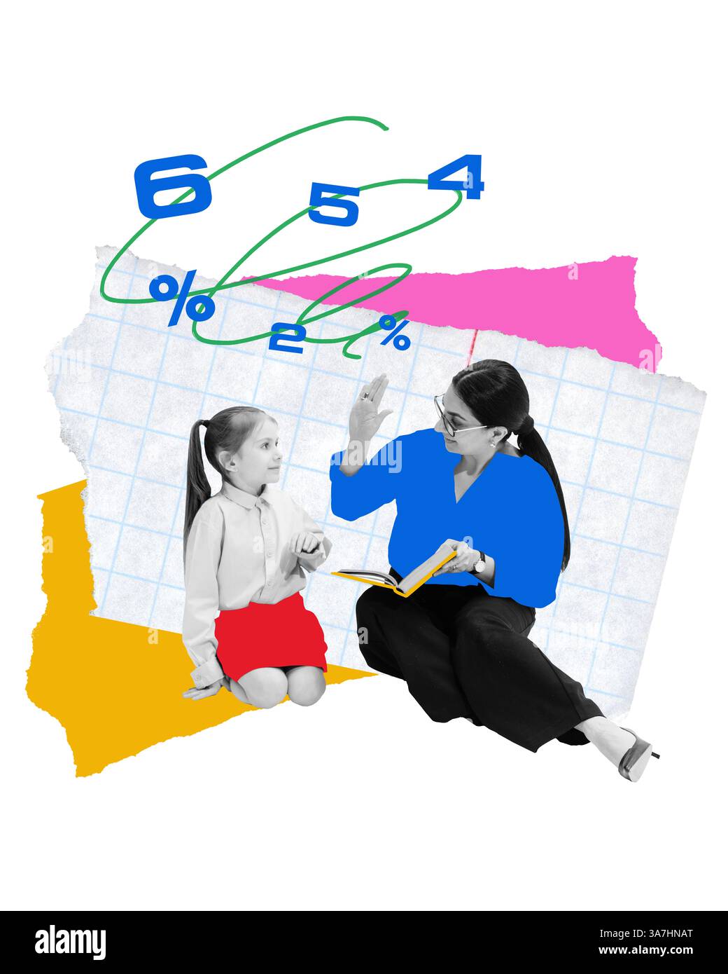 Contemporary art design. Teacher explaining math to girl with floating ...