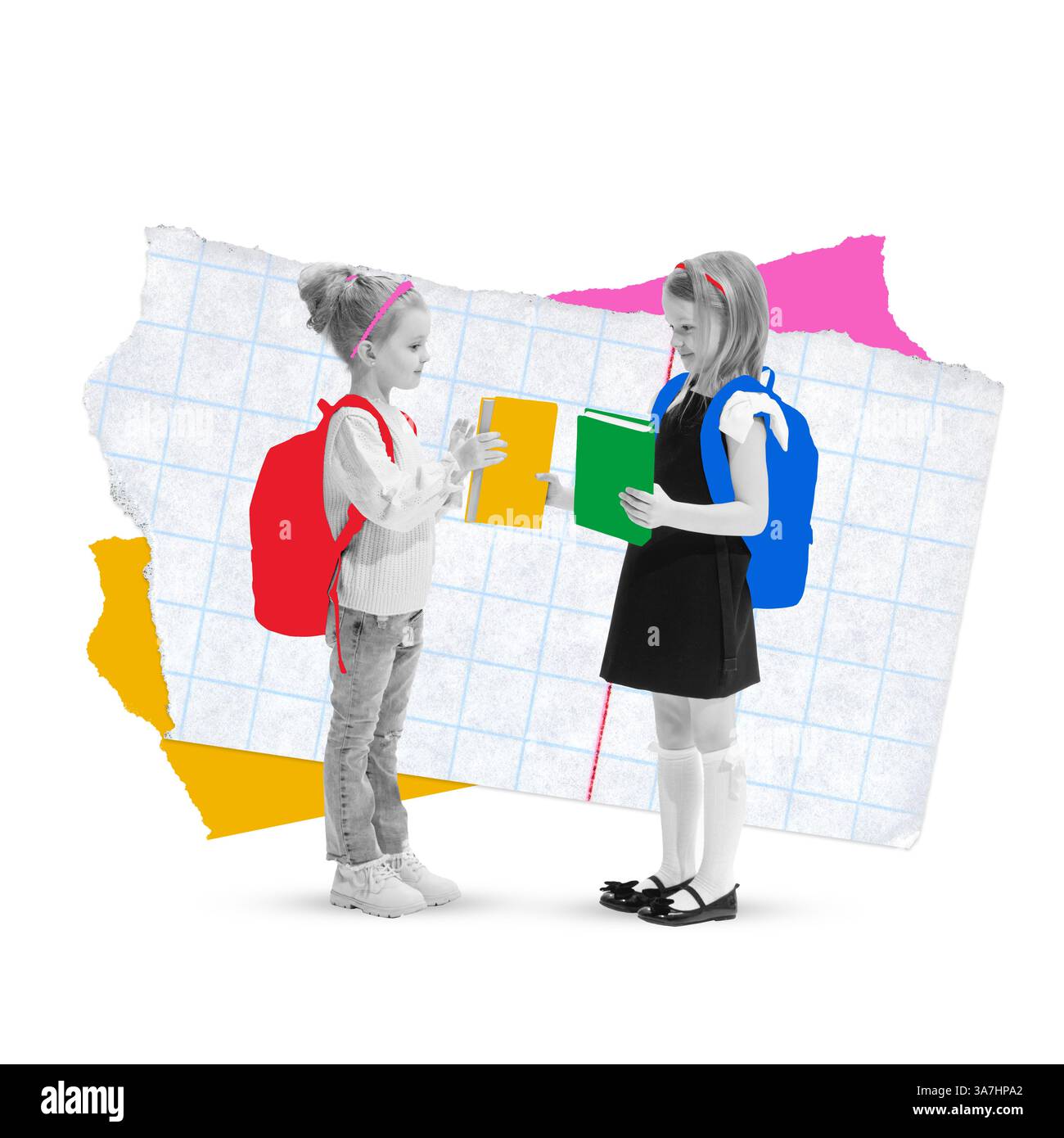Conceptual artwork. Two girls exchanging books with backpacks on ...
