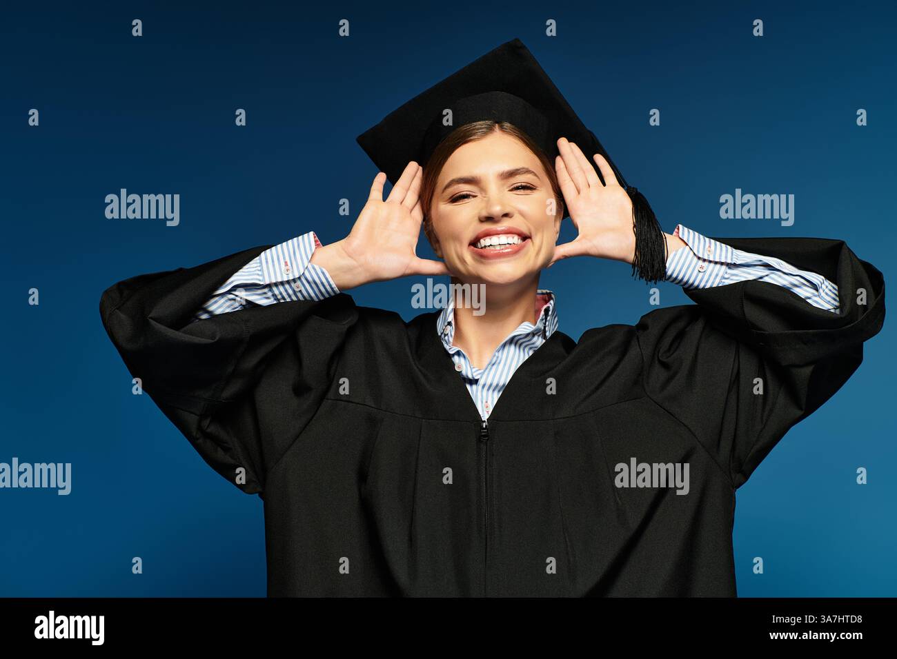Bright smile adorns young womans face as she celebrates achievement in ...