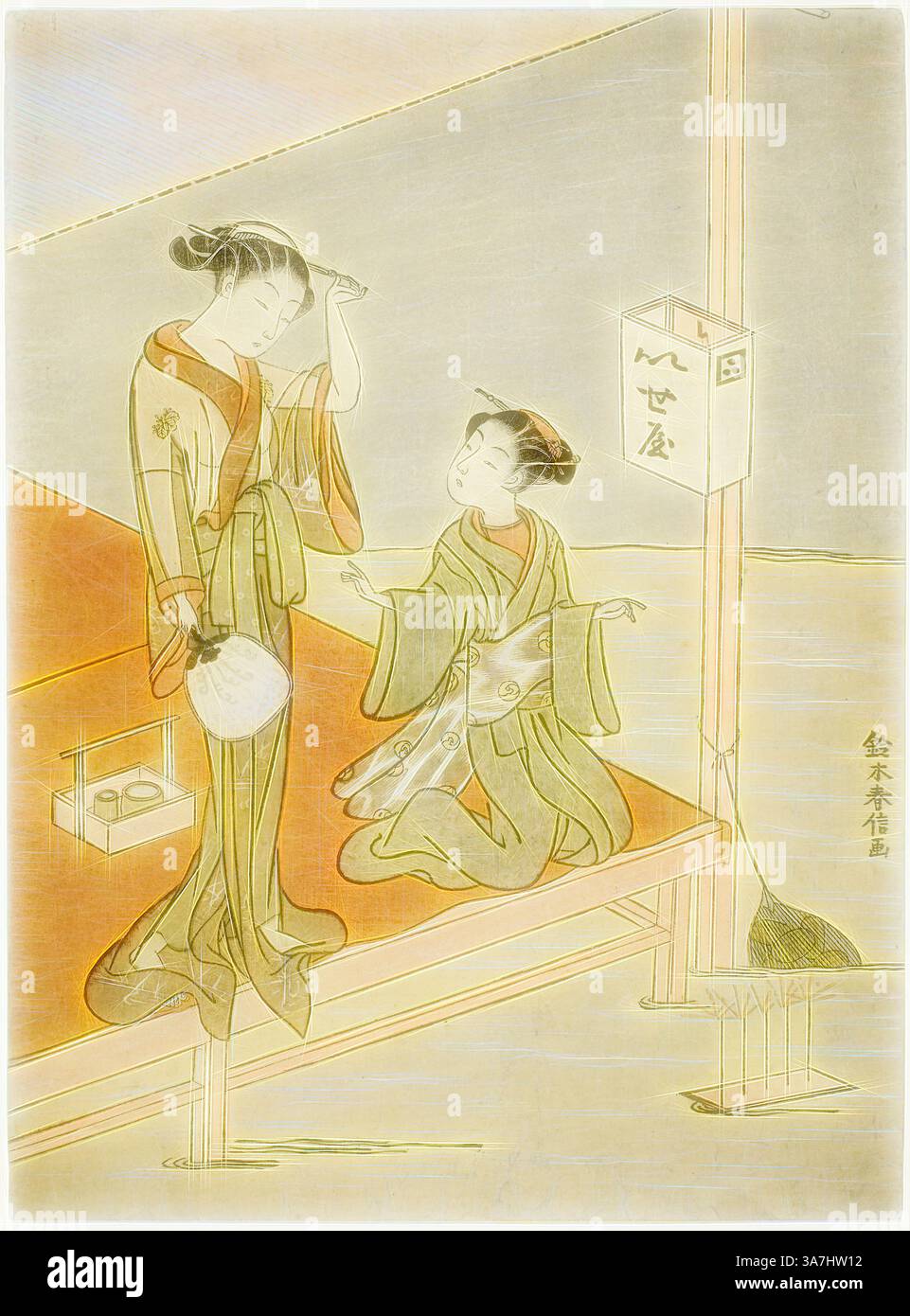 Two elegantly dressed figures engage in a lively conversation ...