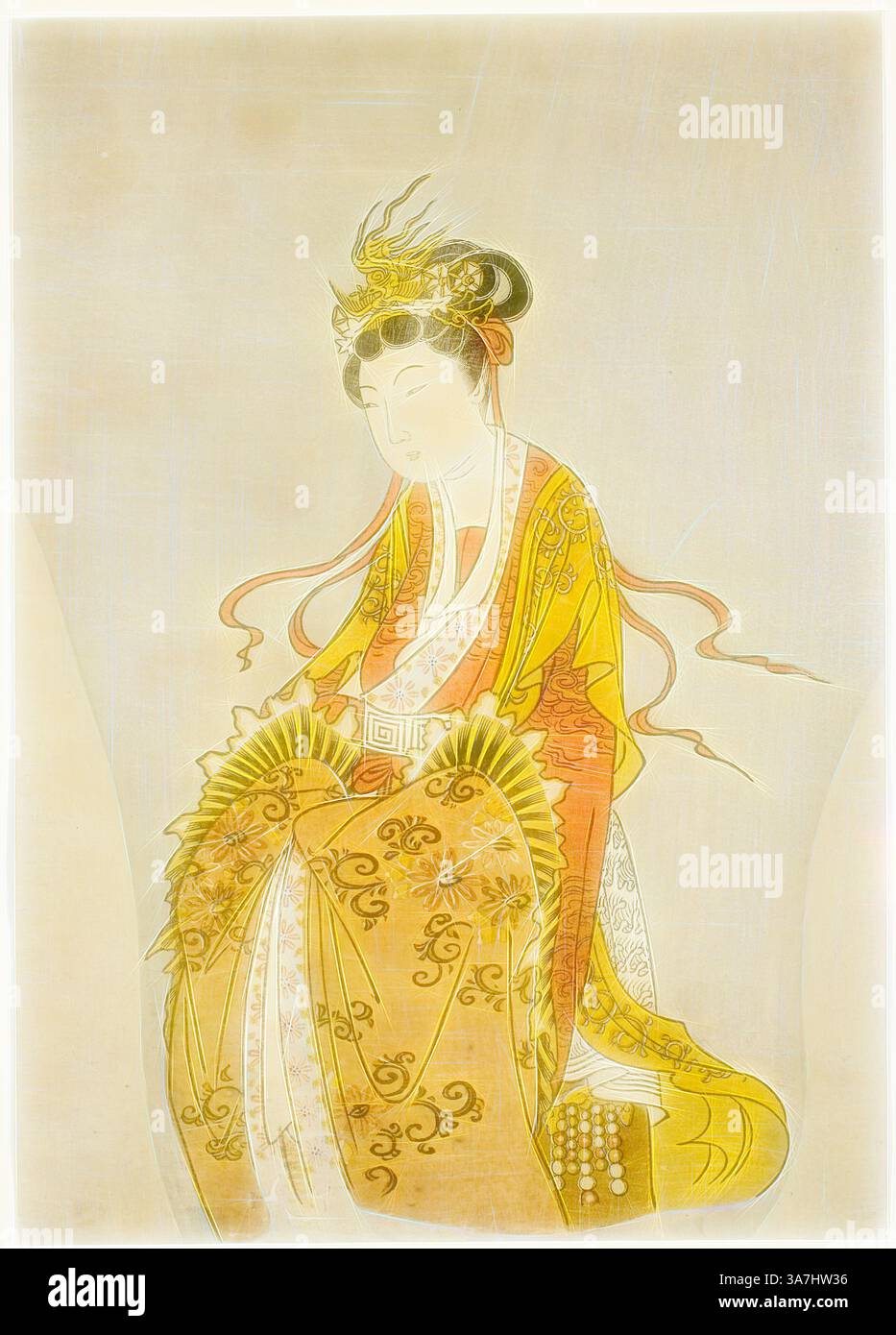 A graceful figure adorned in intricate traditional garments, seated ...