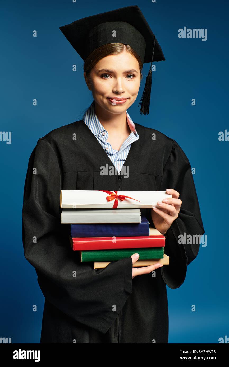 Young woman in graduation attire smiles confidently while holding a ...