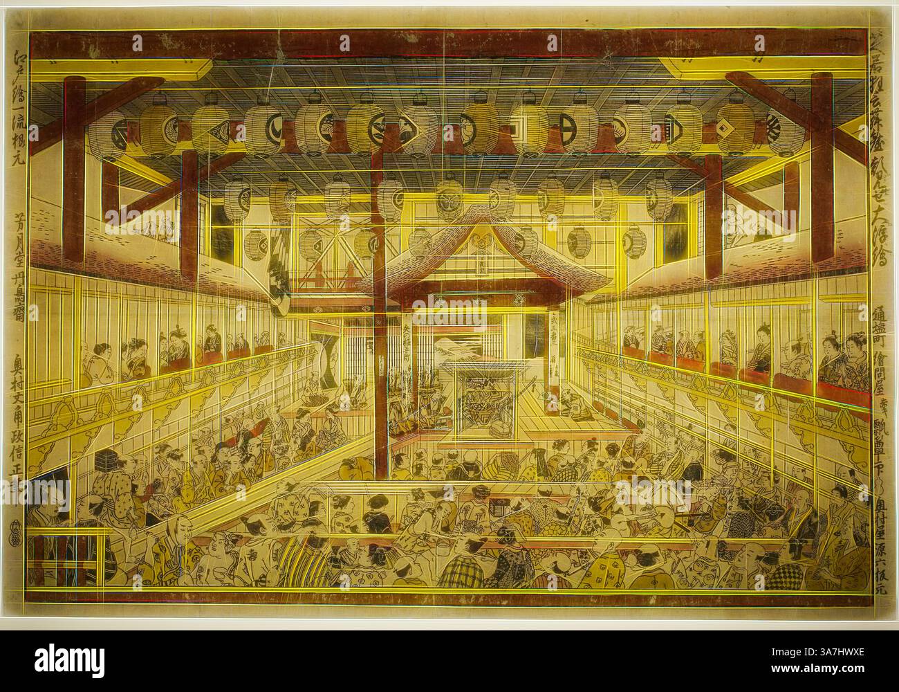 A bustling scene depicting a lively theater, filled with audiences ...