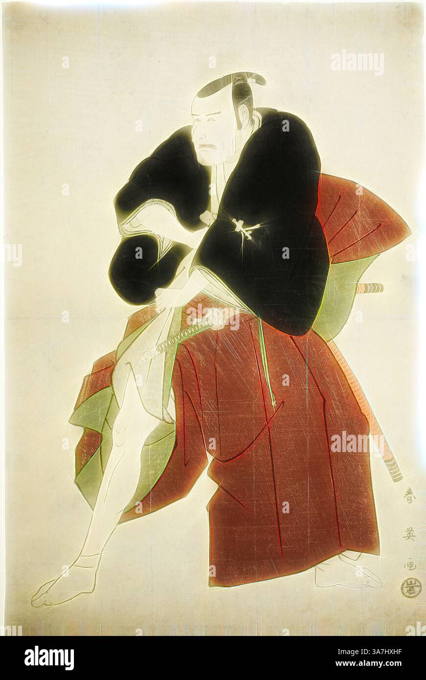 A samurai stands poised in a dynamic pose, dressed in traditional ...