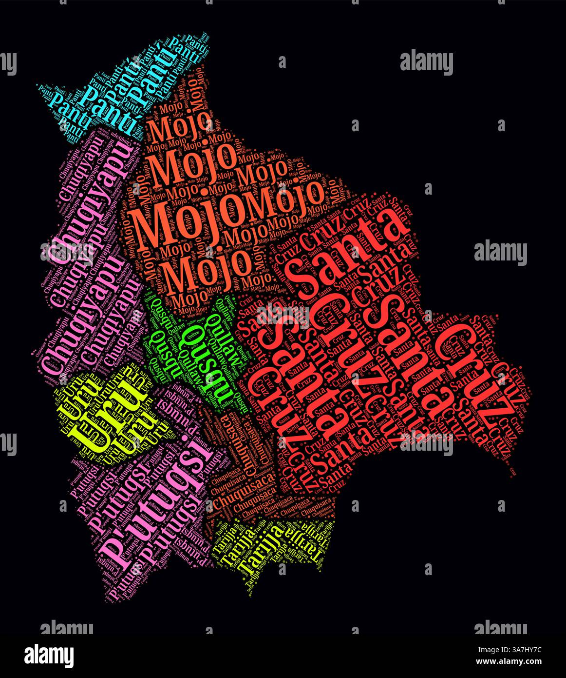 Bolivia regions word clouds. Bright neon style design on dark ...