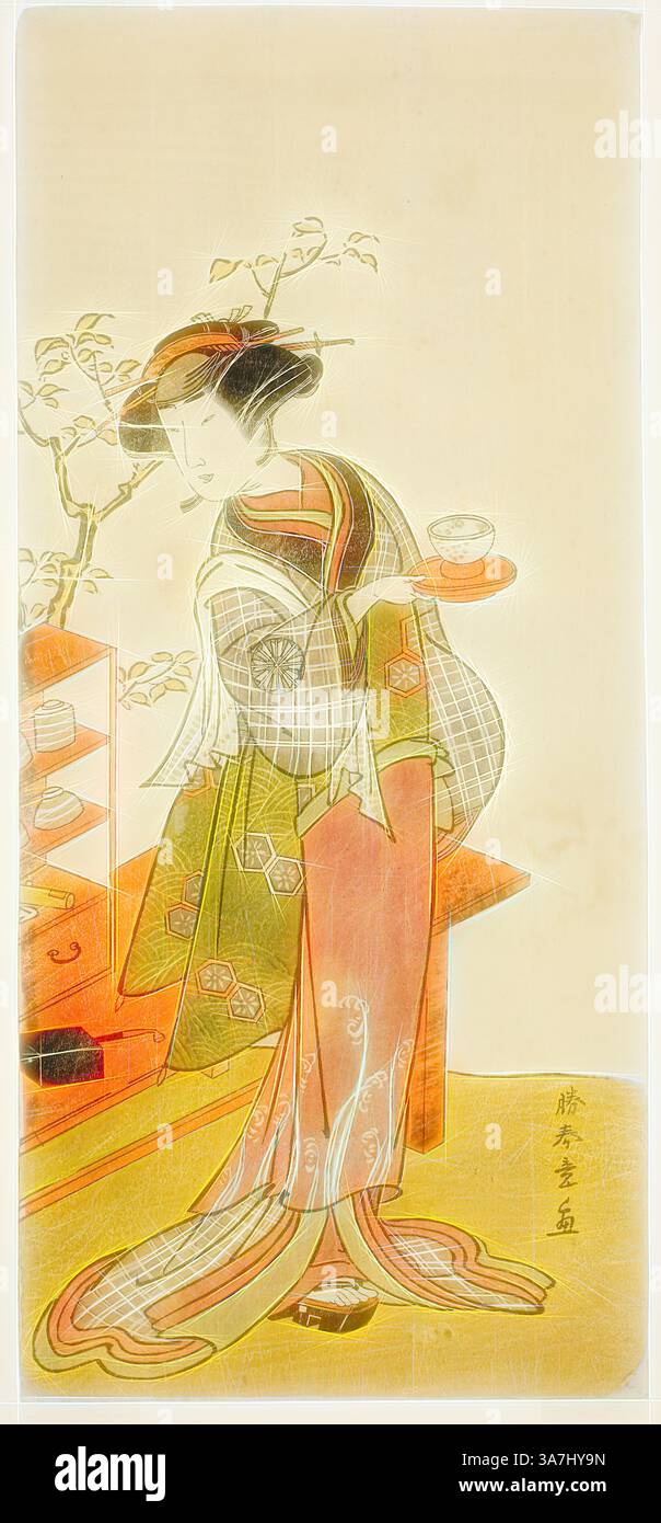 A graceful figure dressed in a traditional kimono stands, holding a ...