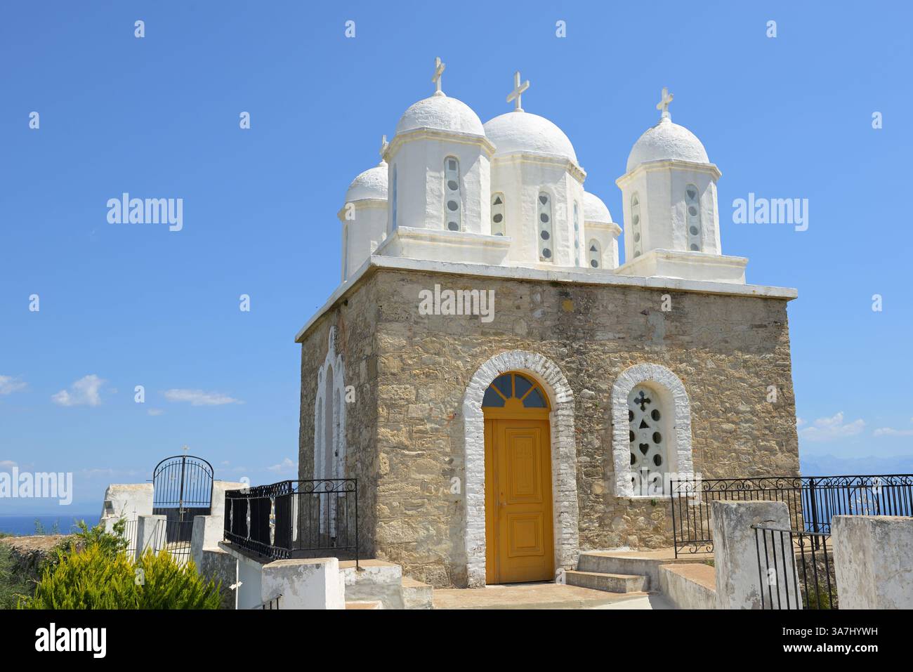 Orthodox monastery Prodromos in Koroni against blue sky, Peloponnes ...