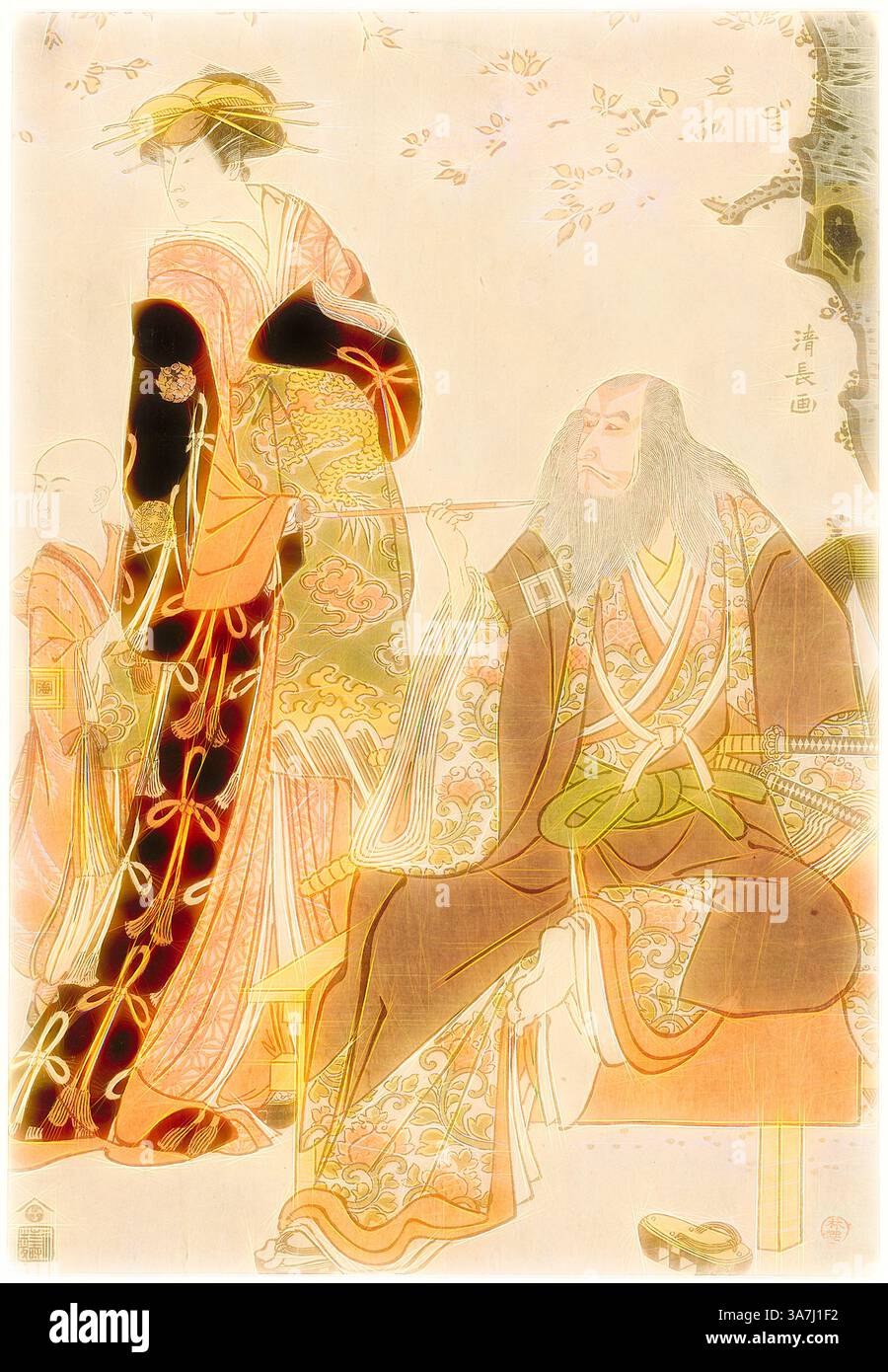 A serene scene featuring a wise elder seated, adorned in elaborate ...