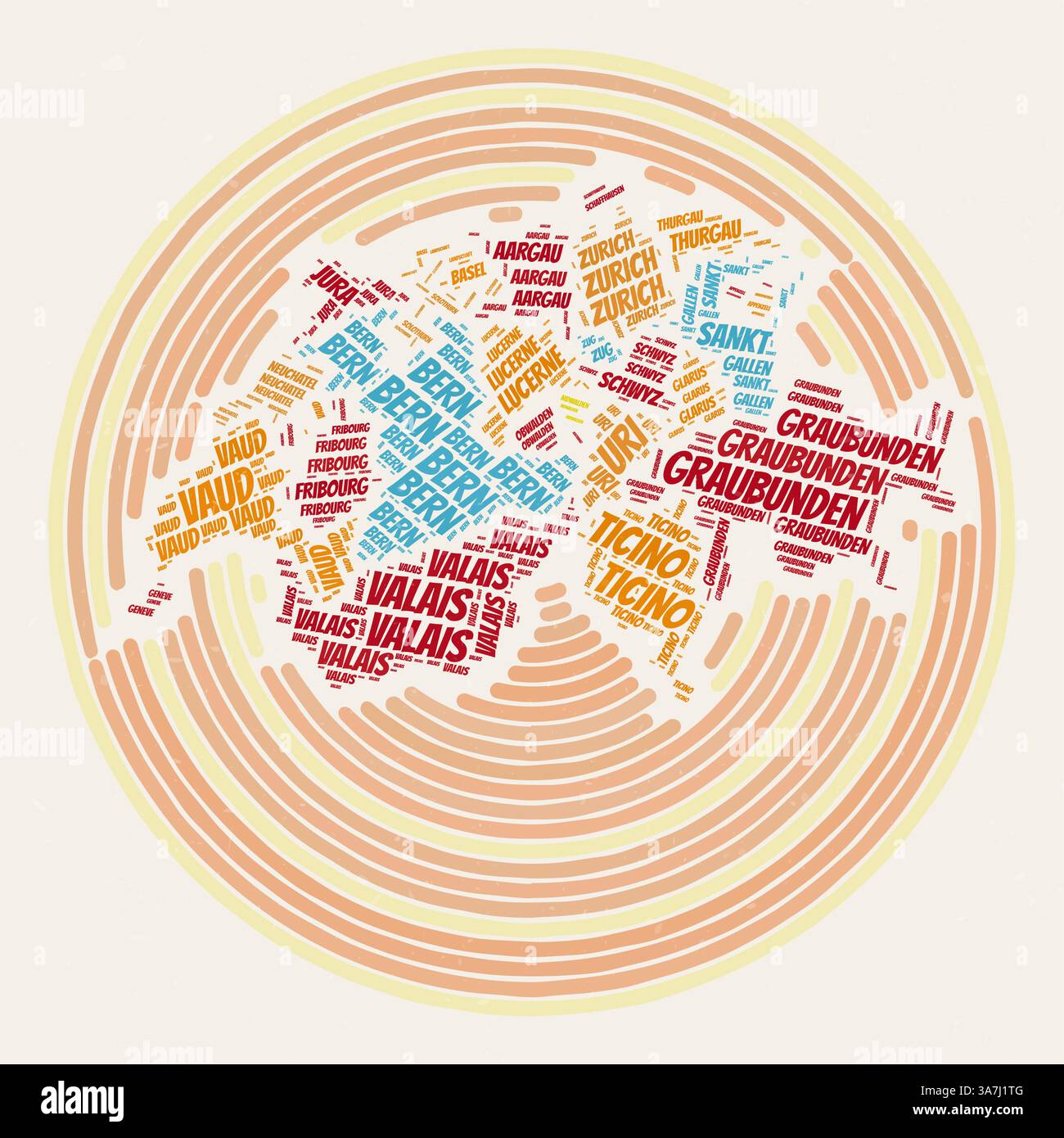 Switzerland round poster. Typography style image of country. Regions ...