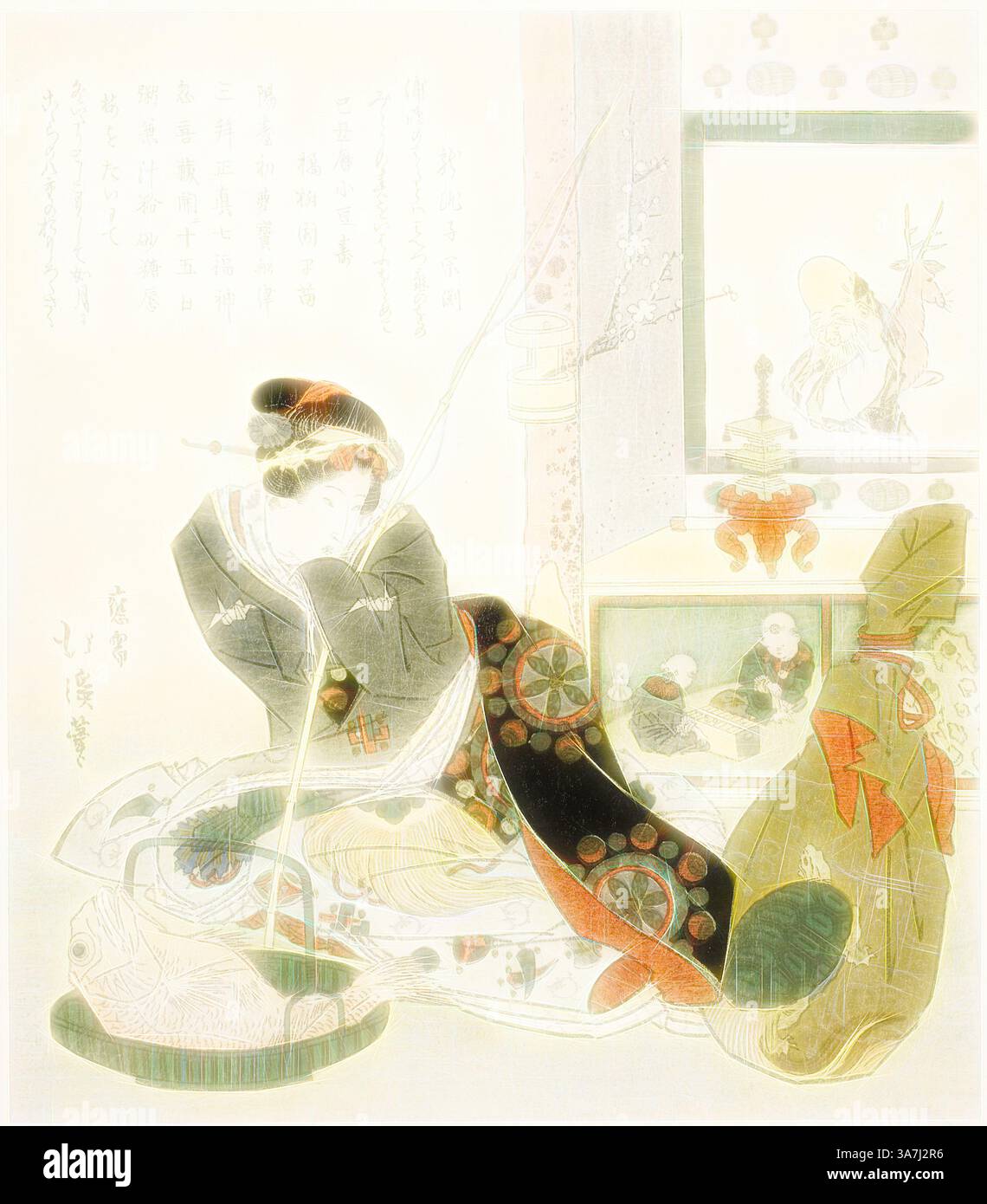 A serene scene captures a woman dressed in traditional attire, sitting ...