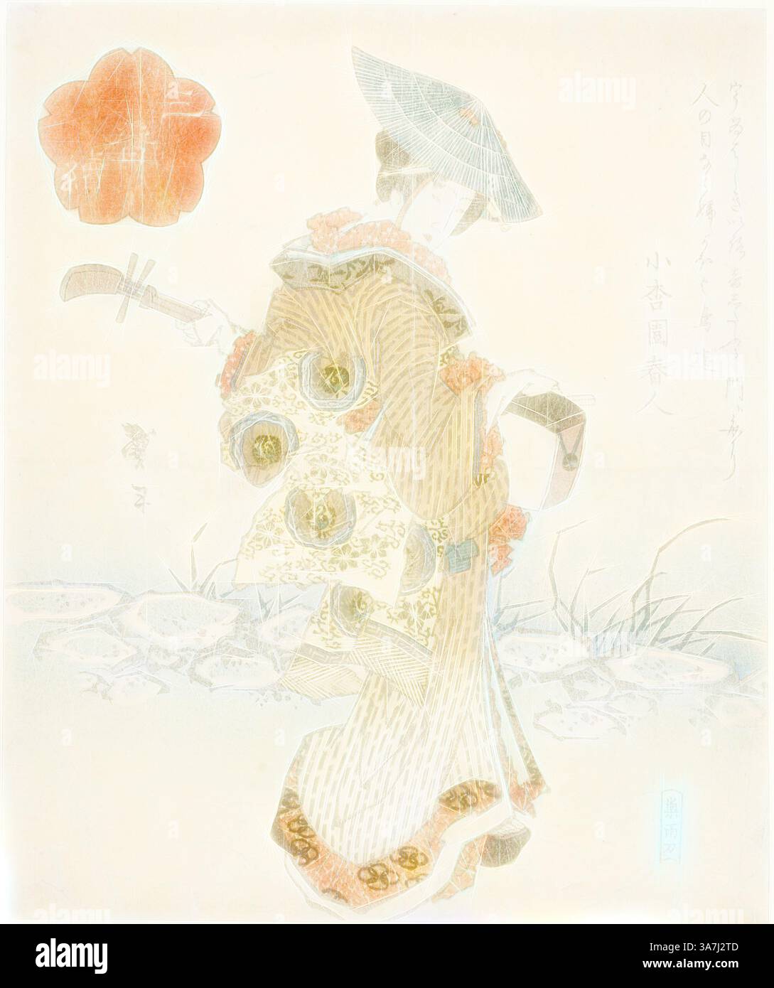 A traditional figure dressed in a kimono adorned with floral patterns ...