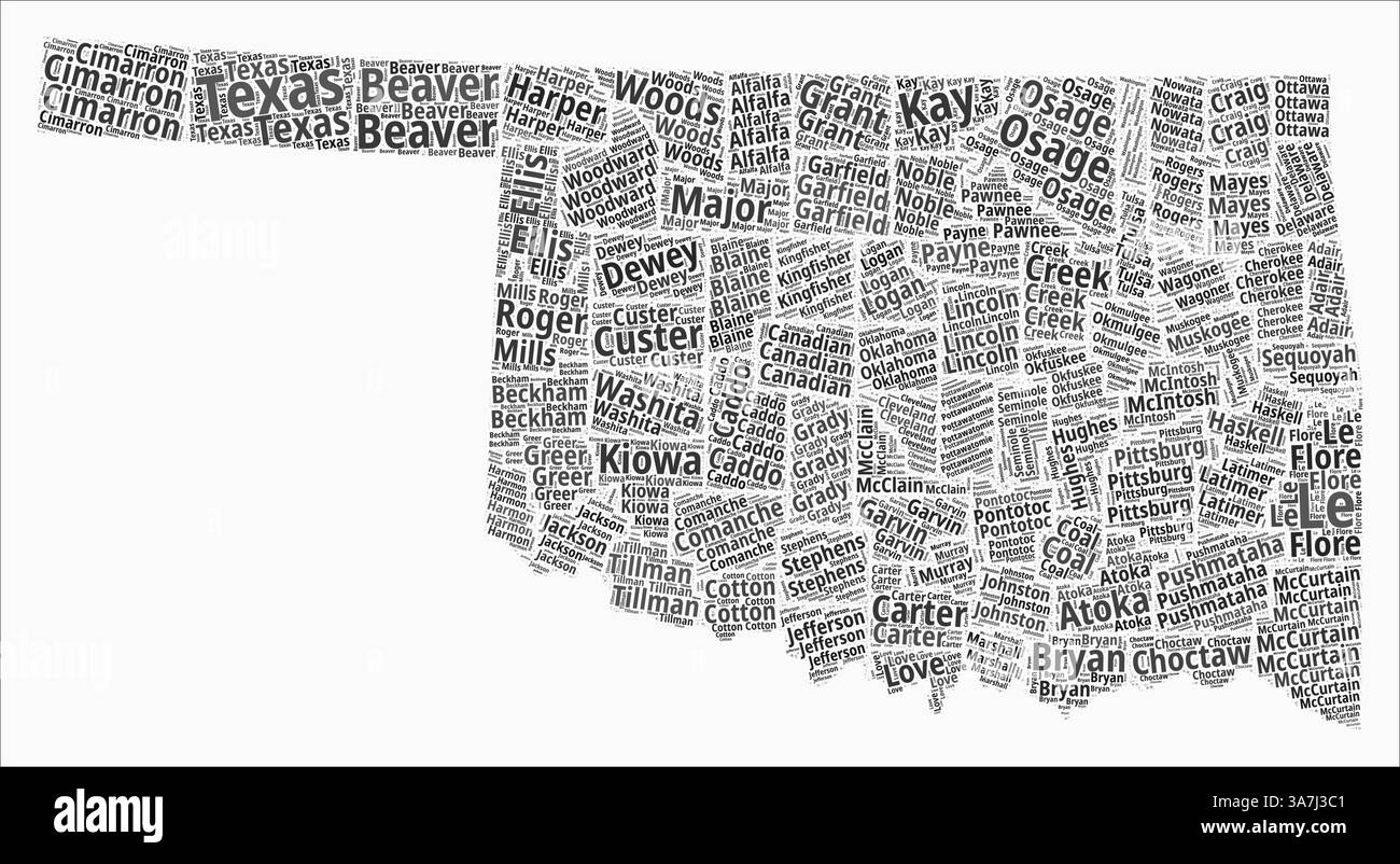 Oklahoma Text Style Counties. State region names word clouds in English ...