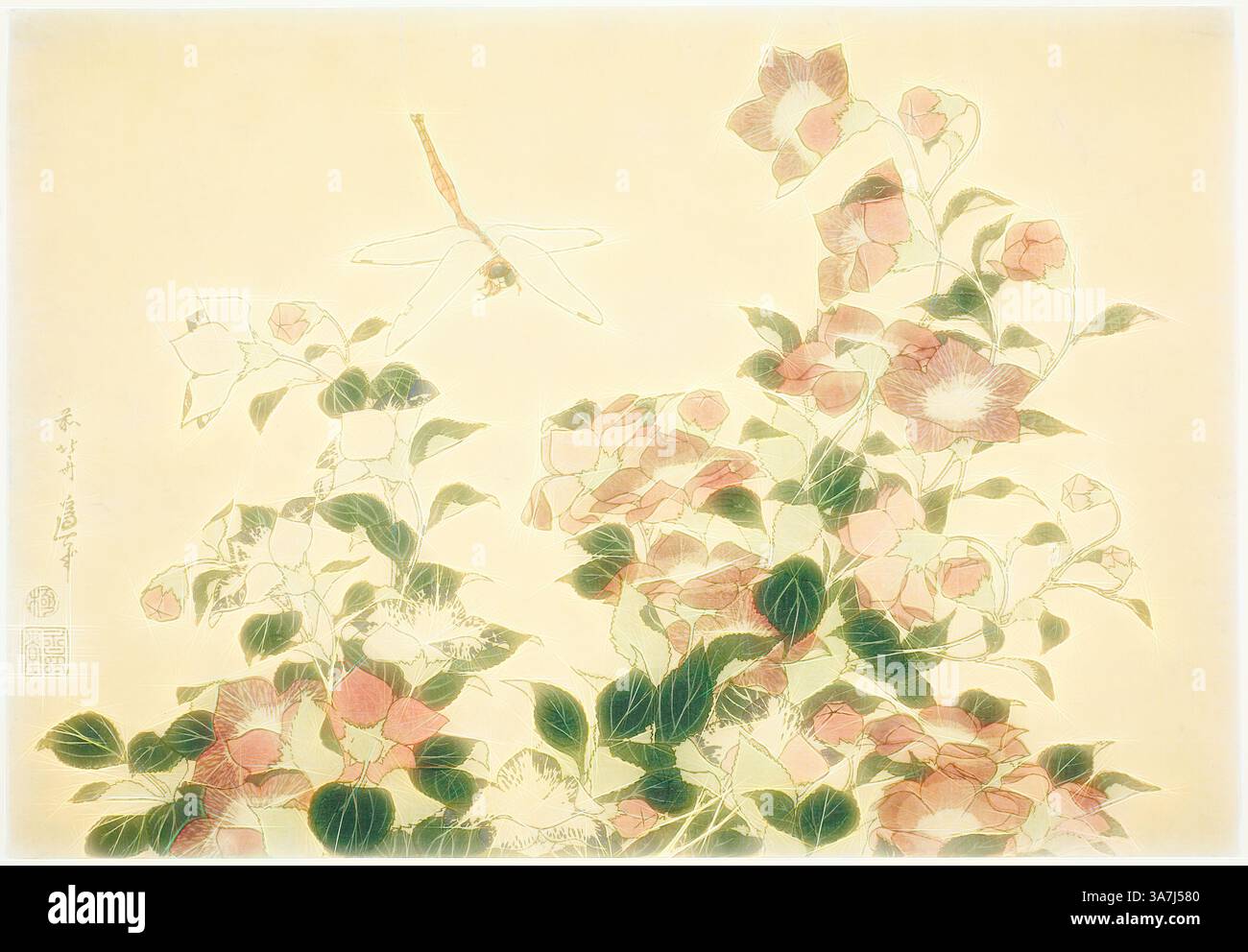 A delicate arrangement of flowers interspersed with lush green leaves ...