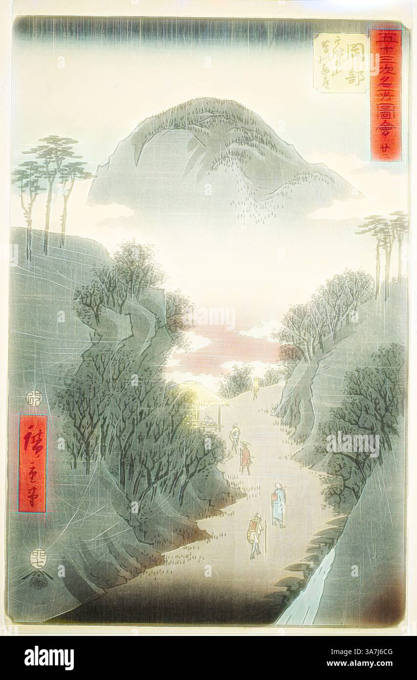 A tranquil landscape depicting a winding path through mountains ...