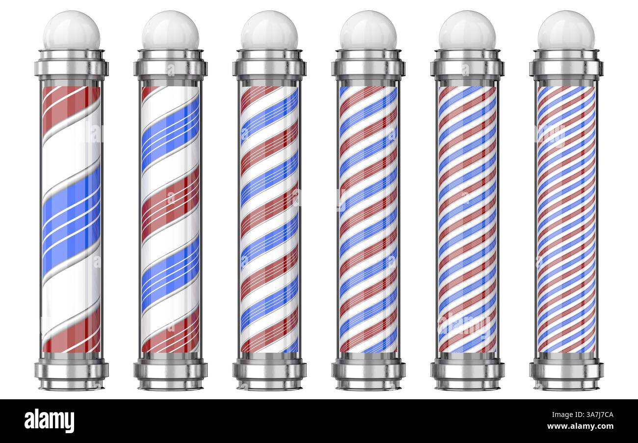 Classic barber shop poles with shiny metal elements and white ball - 3D ...