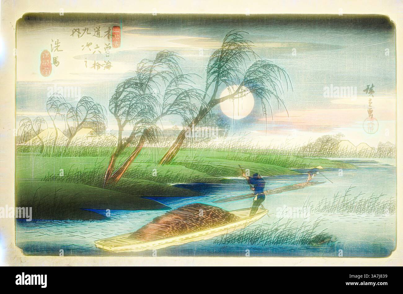 A serene landscape featuring a figure rowing a boat along a winding ...
