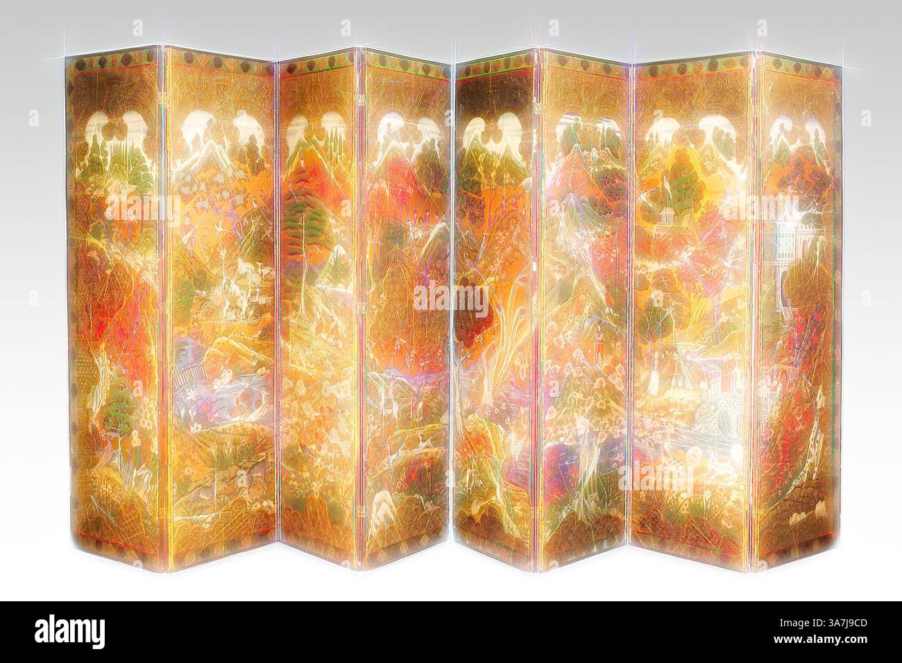 A beautifully crafted folding screen adorned with intricate scenes of ...