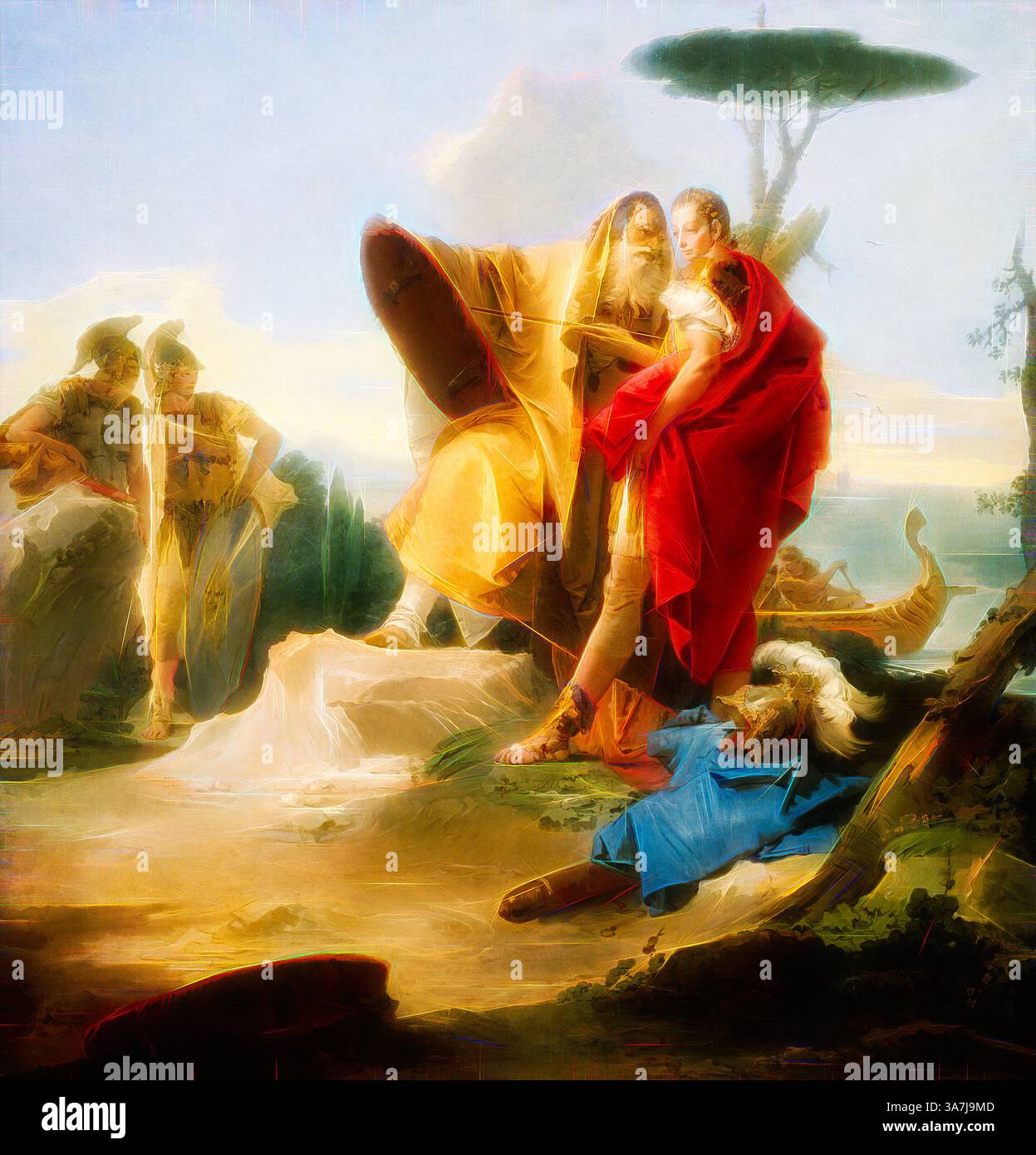 A dramatic scene unfolds with figures from ancient mythology. Two ...