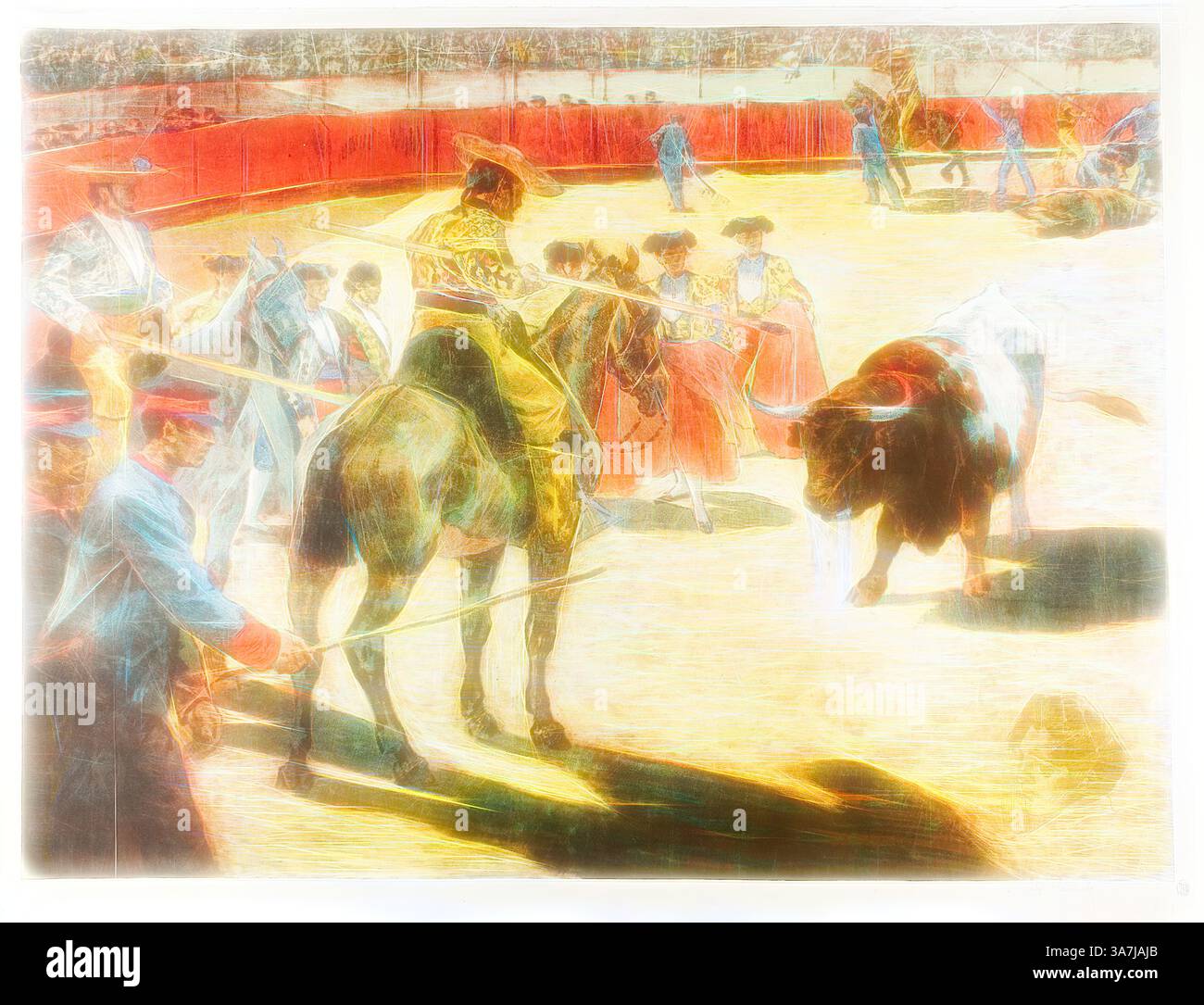 A vibrant scene captures a traditional bullfighting event, featuring ...