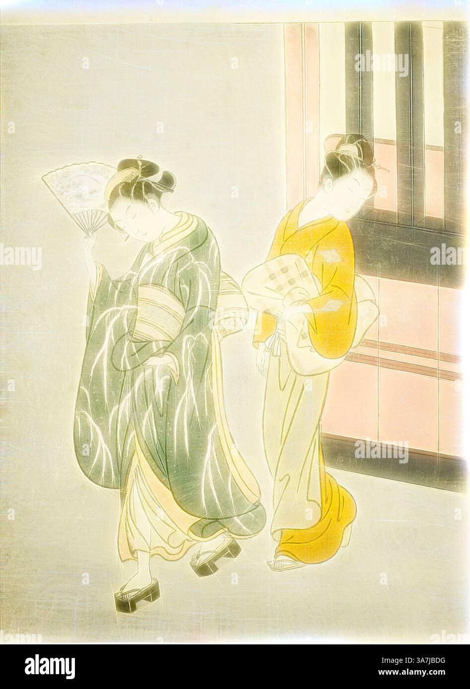 Two elegantly dressed figures, adorned in traditional kimonos, walk ...