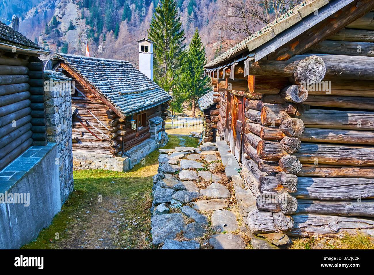 The old timber walls and piode stone slab roofs of the traditional ...
