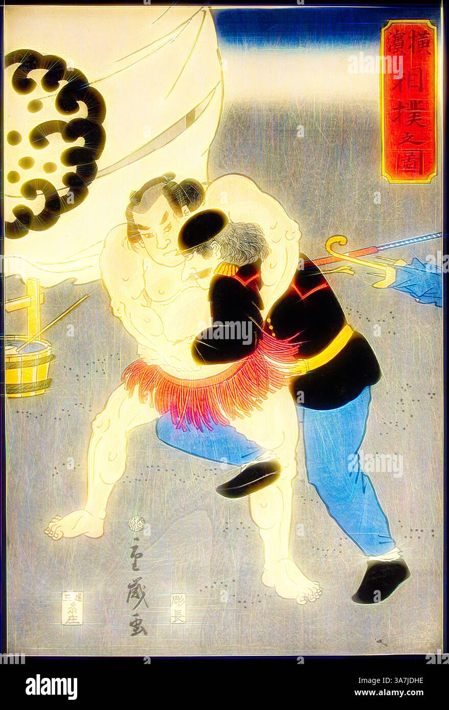 A powerful sumo wrestler grapples with a smaller figure dressed in ...