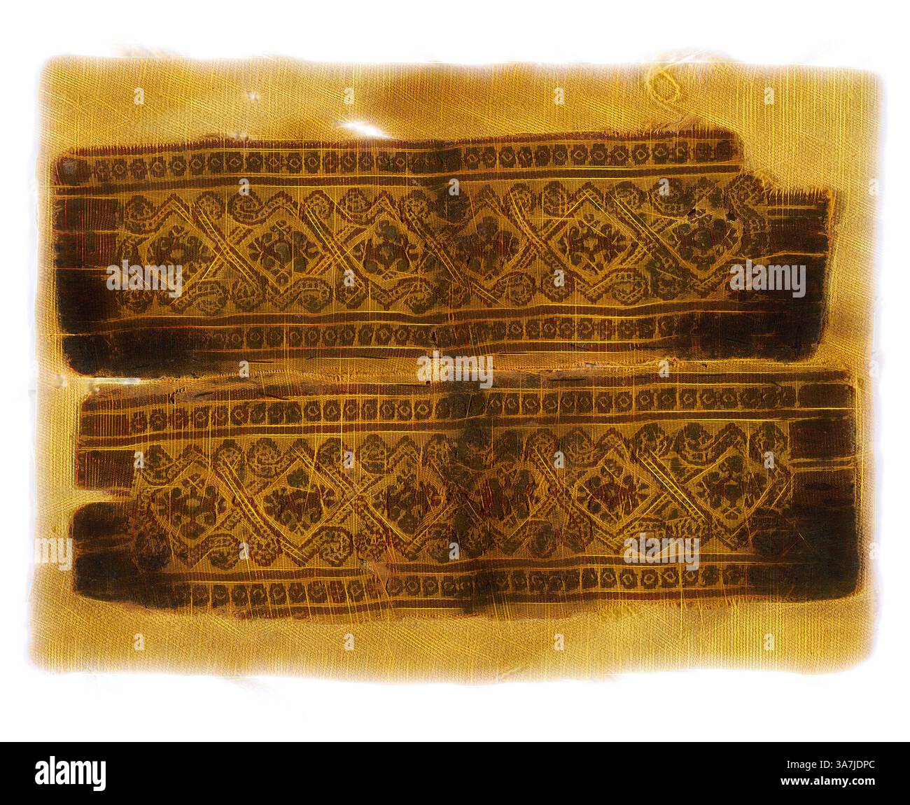 An intricately patterned textile featuring elaborate geometric designs ...