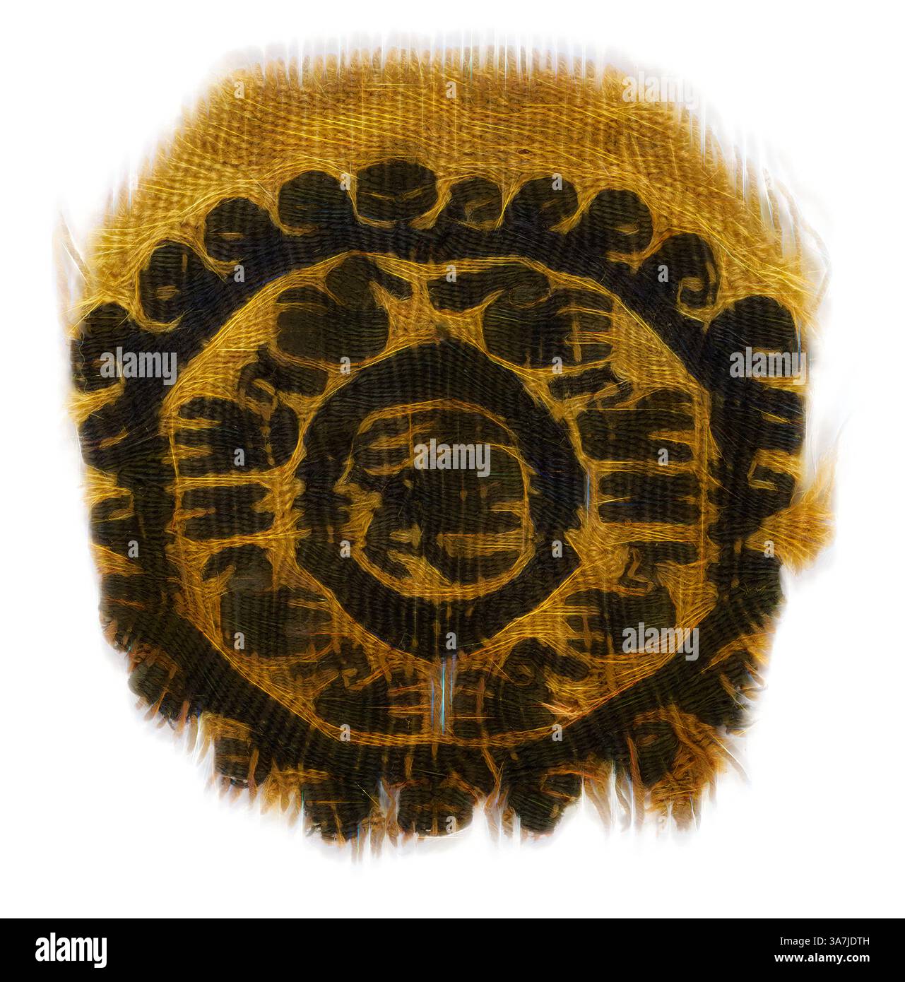 A circular textile featuring intricate patterns, with a bold central ...