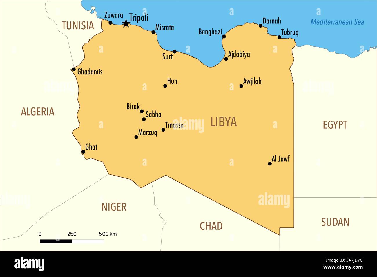 Map of Libya with Major Cities and Neighboring Countries Stock Photo ...