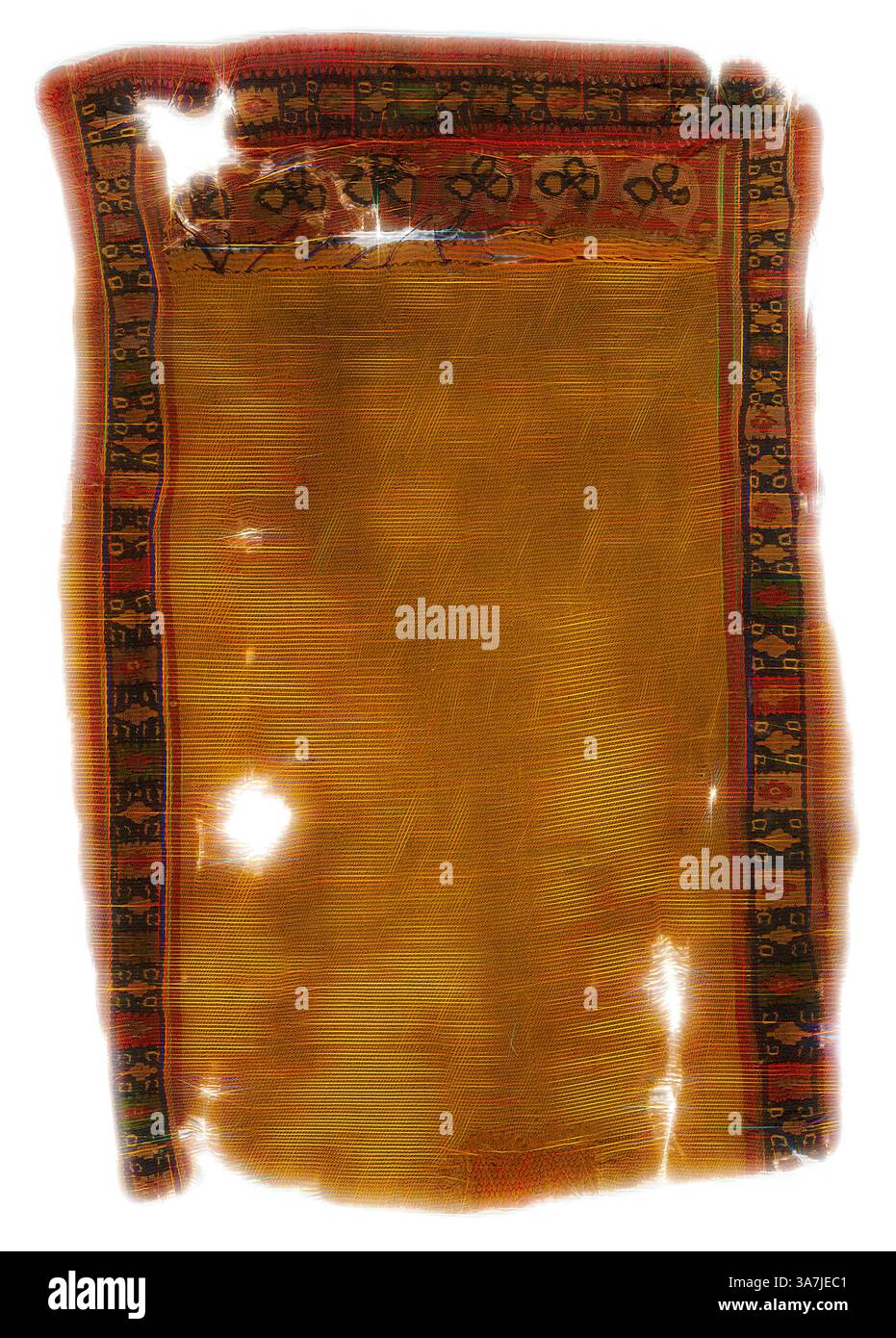 A vibrant textile featuring intricate designs along the border ...