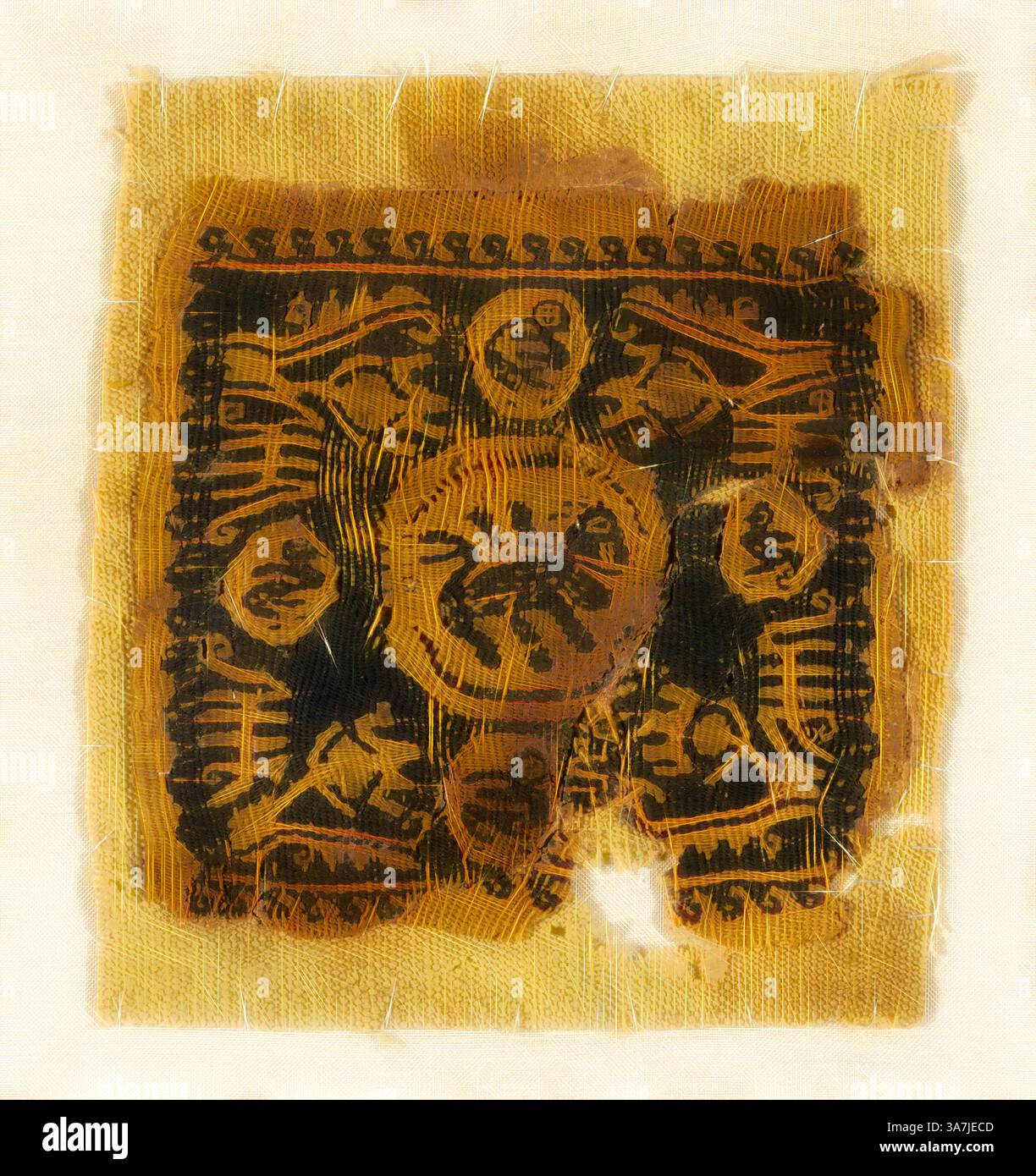 A textured textile featuring intricate designs of stylized figures ...