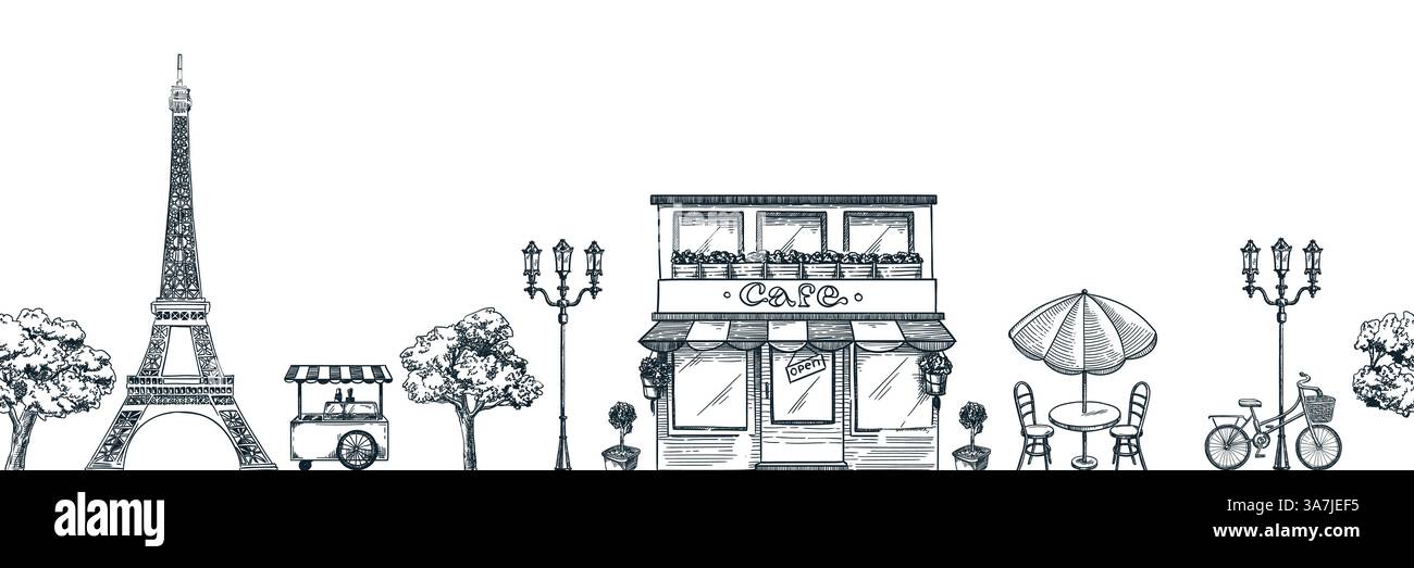 Paris old town street seamless horizontal background. Vector sketch ...