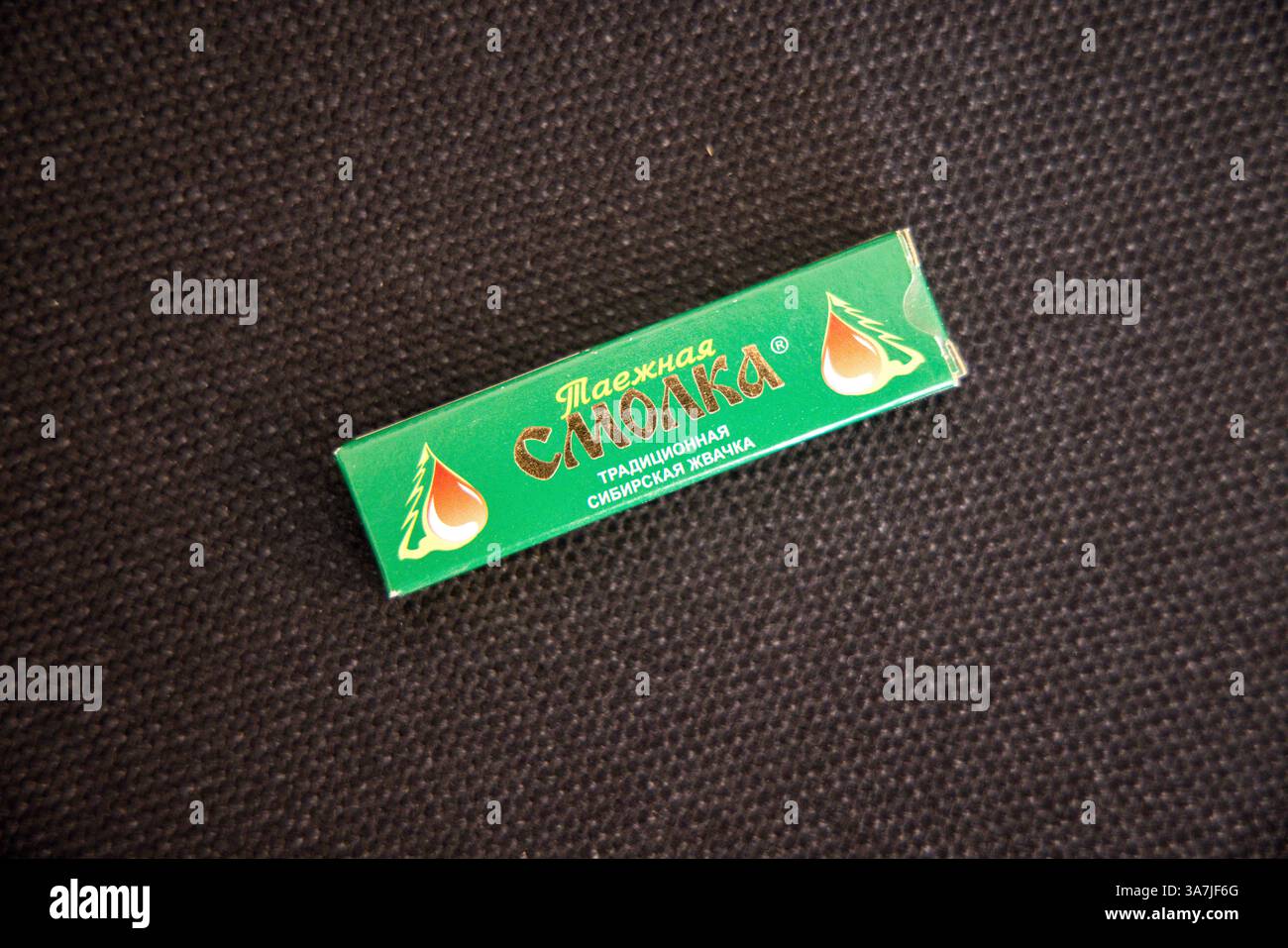 Green package of traditional Siberian Smolka chewing gum with golden ...