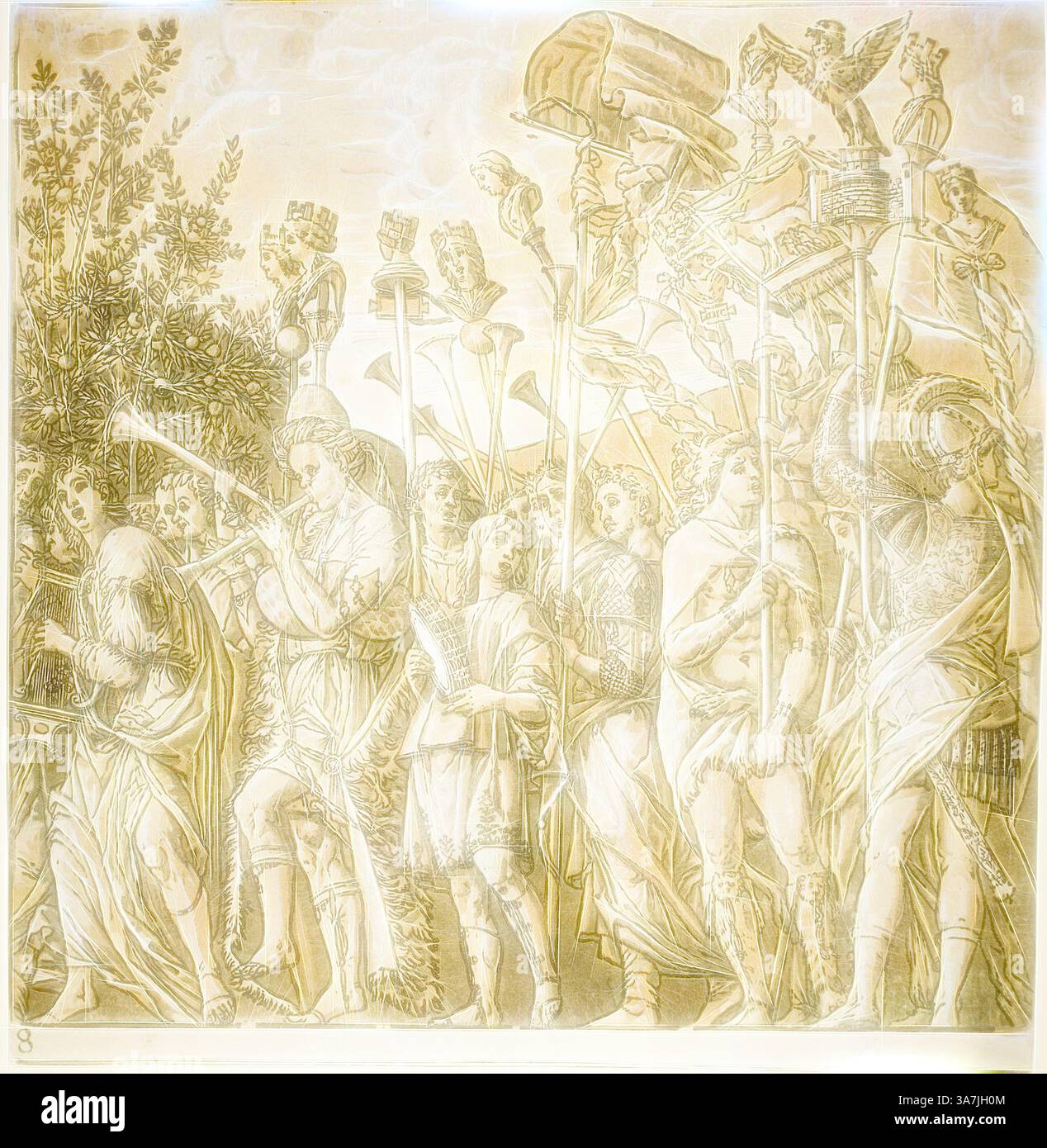 A procession of figures, adorned in classical attire, engages in a ...