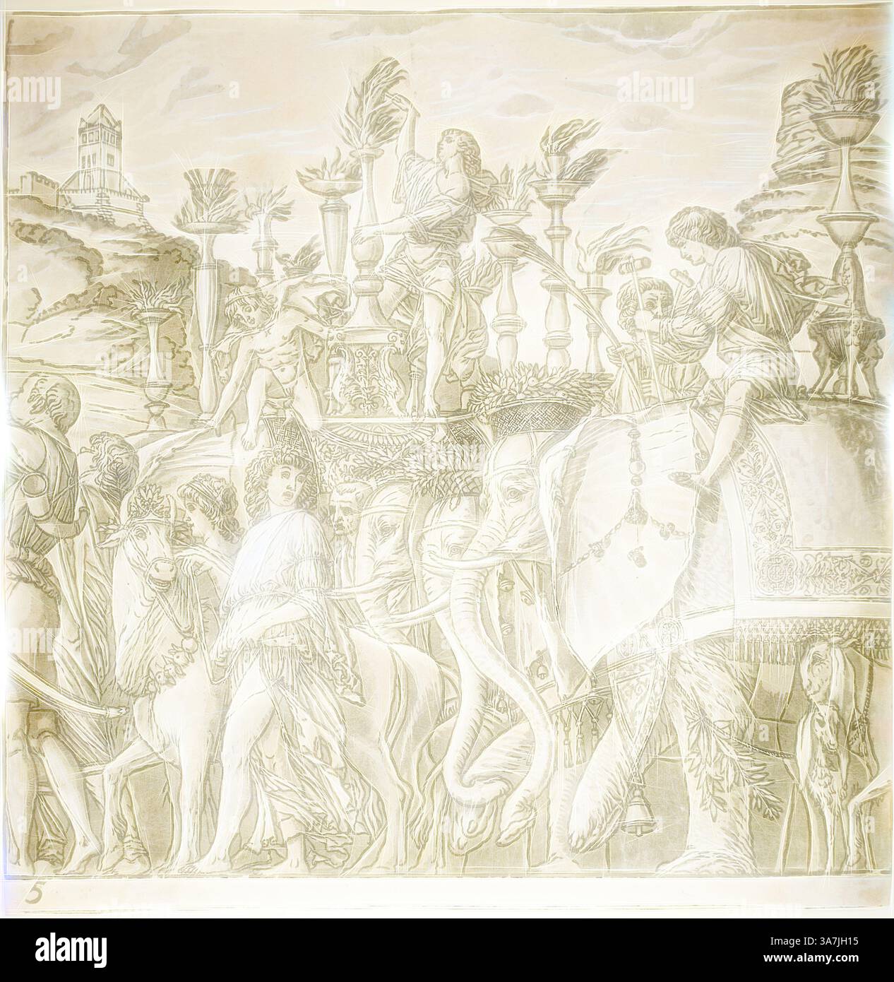 A grand procession featuring elephants, ornate decorations, and figures ...