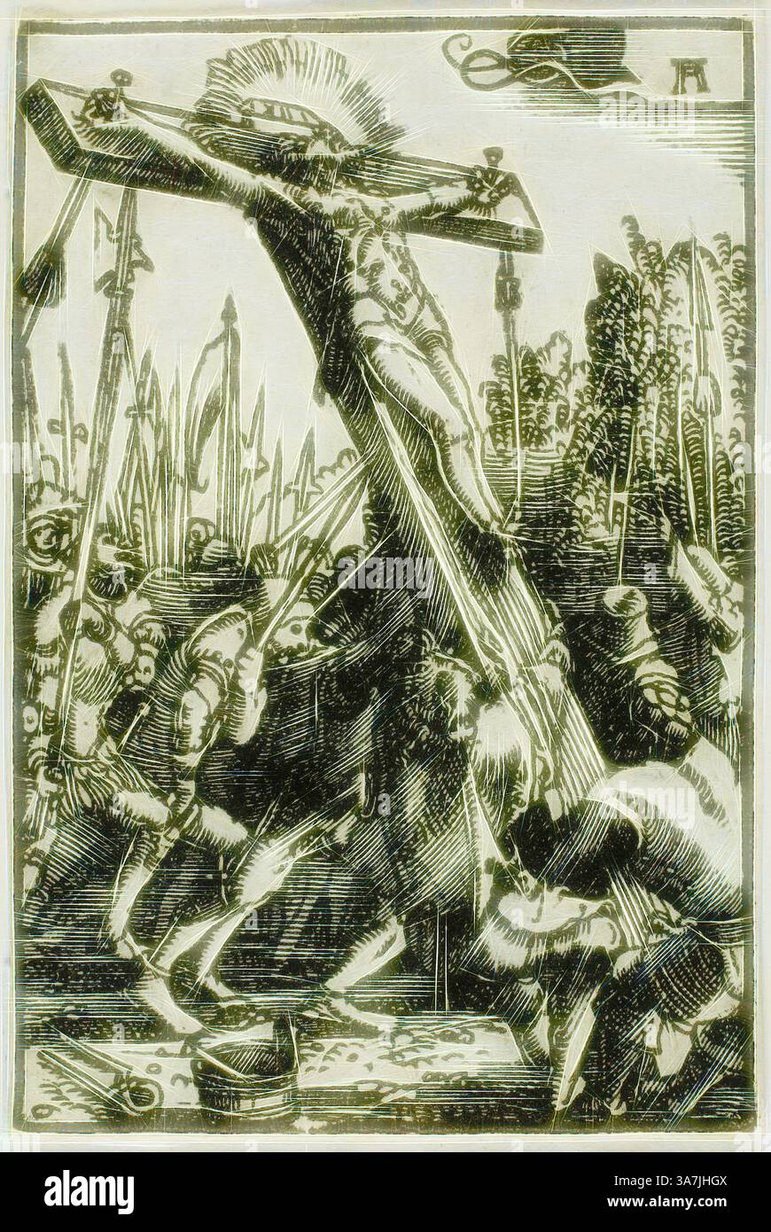 A dramatic scene depicting the crucifixion, with a central figure on the cross surrounded by ...