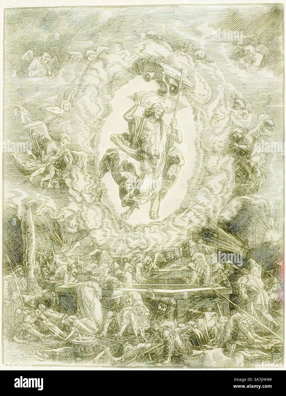 A dramatic scene depicting a central figure, possibly a divine being ...