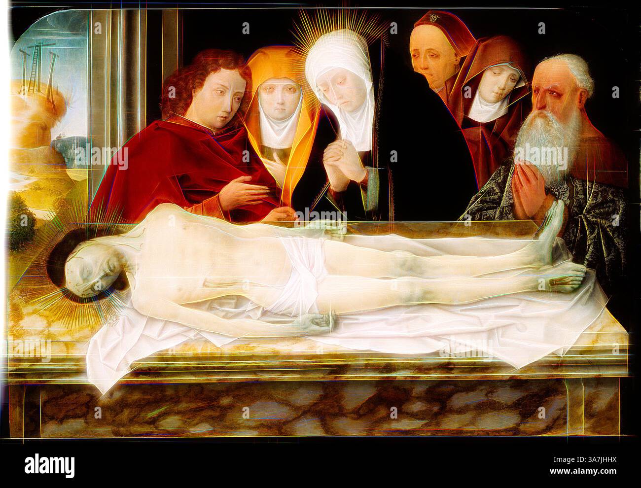 A somber scene depicting a group of figures gathered around the ...