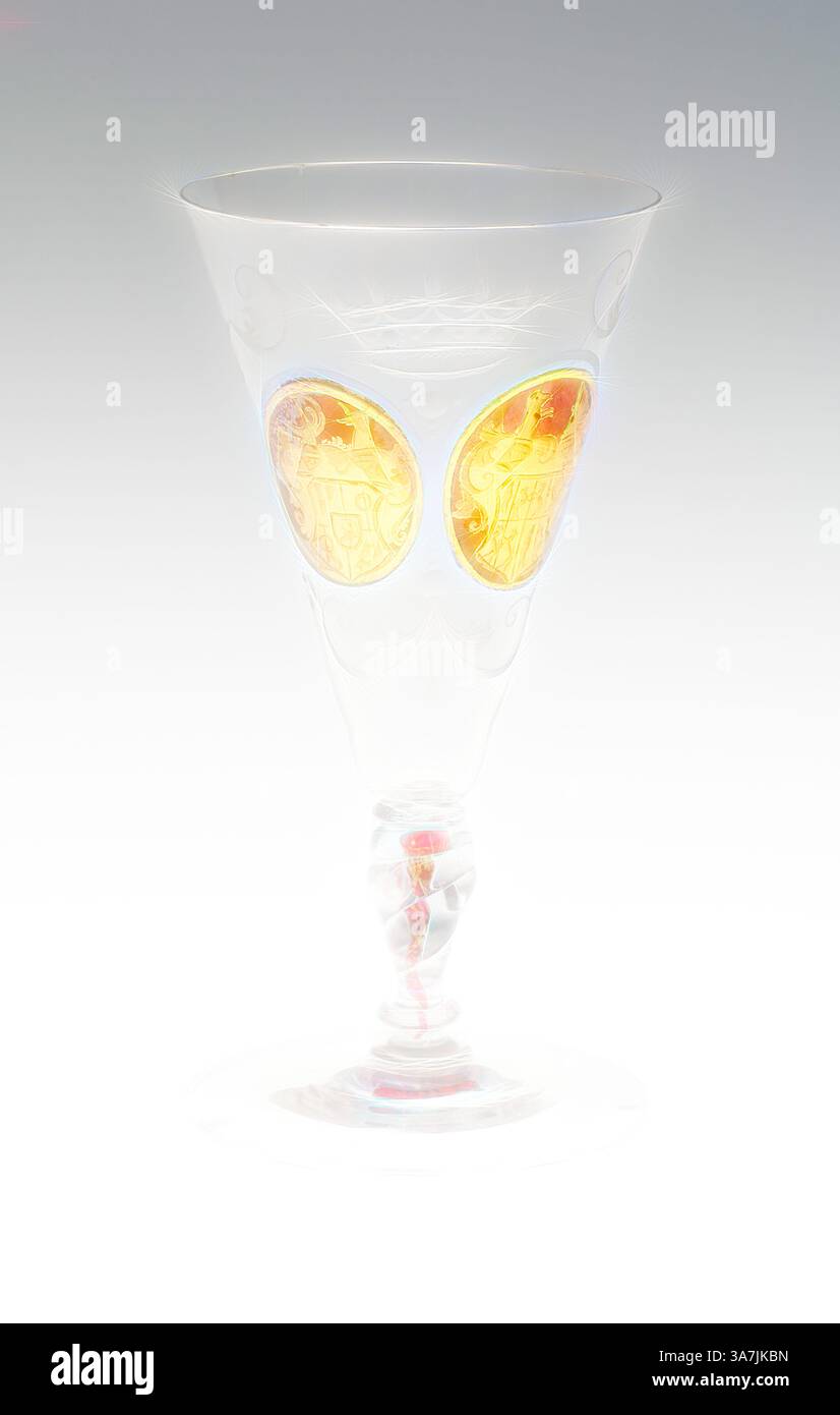 A beautifully crafted glass with an elegant shape features intricate ...