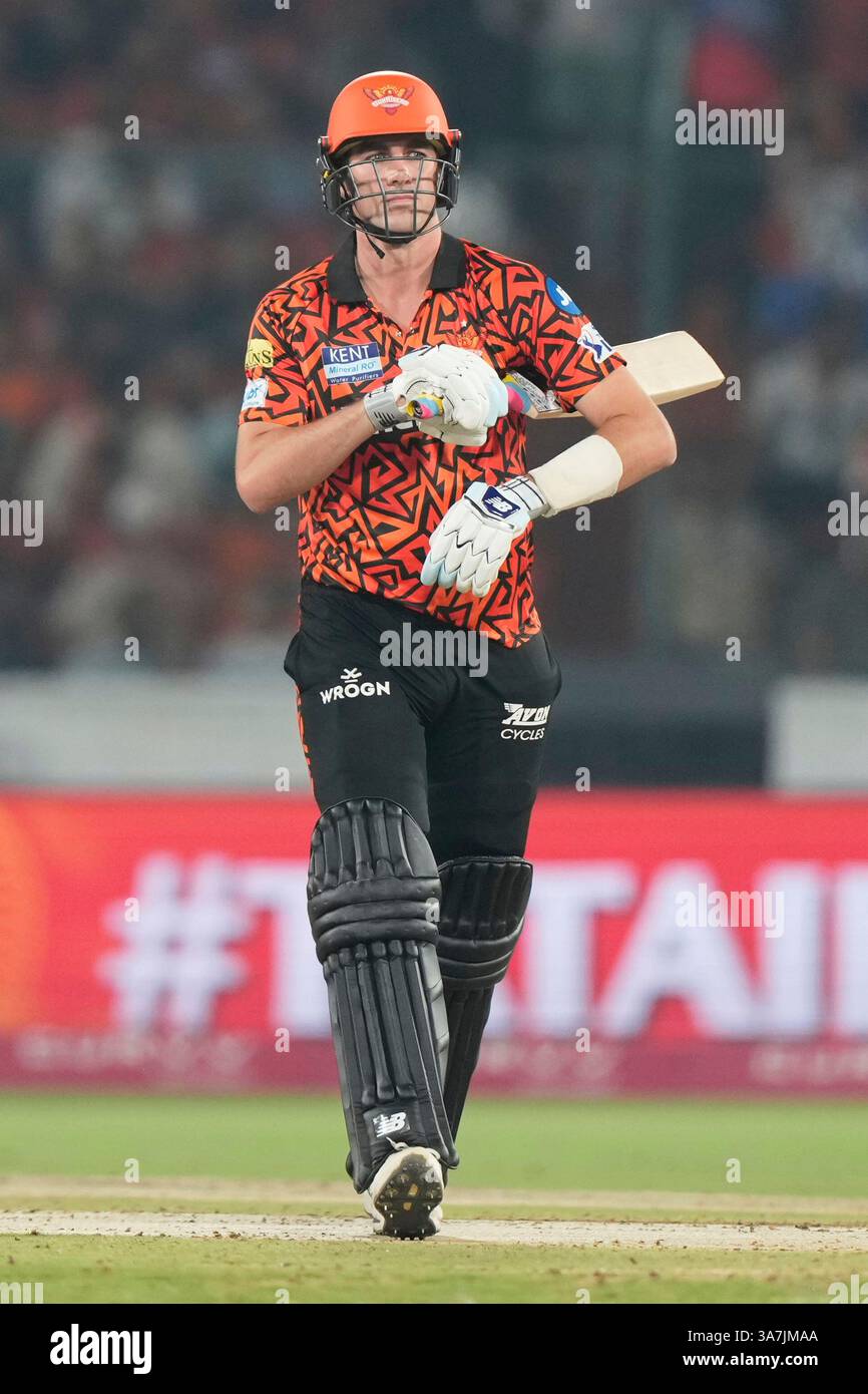 Sunrisers Hyderabad's captain Pat Cummins walks off the field after ...