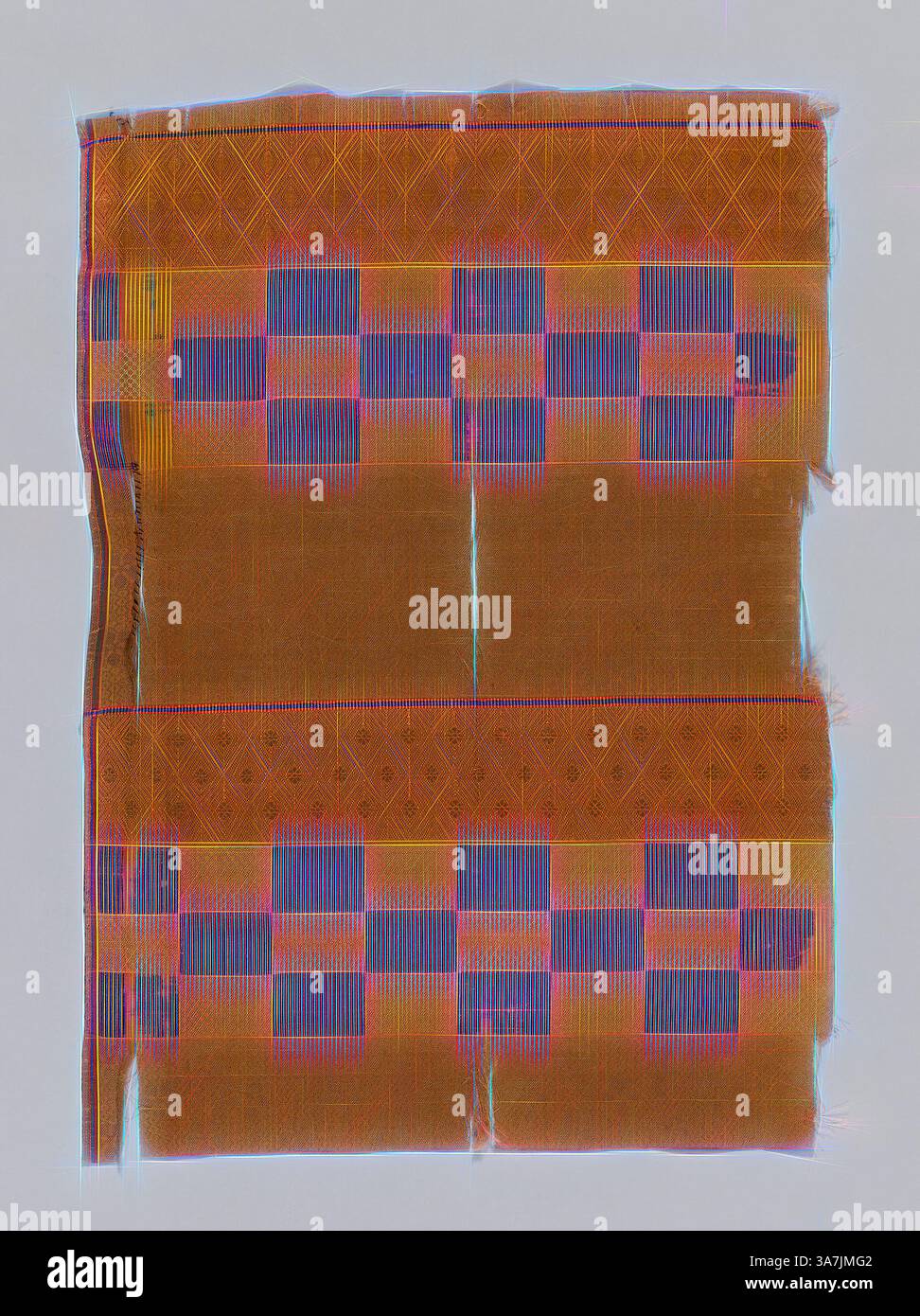 A textile featuring intricate patterns of lines and shapes, showcasing ...
