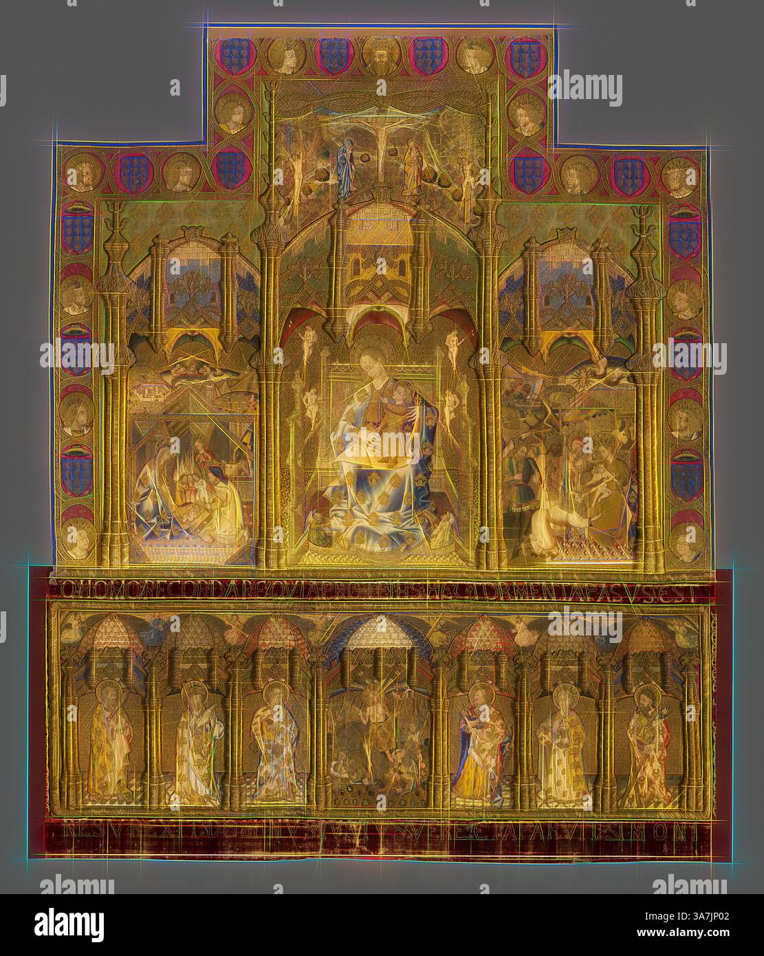A detailed altarpiece featuring a series of vibrant religious scenes ...